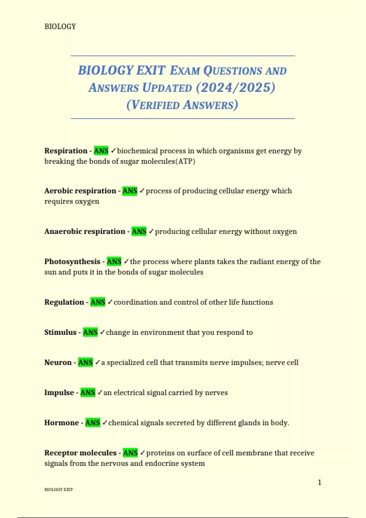 BIOLOGY EXIT EXAM QUESTIONS AND ANSWERS UPDATED (2024/2025) (VERIFIED ANSWERS) - BIOLOGY EXIT ...