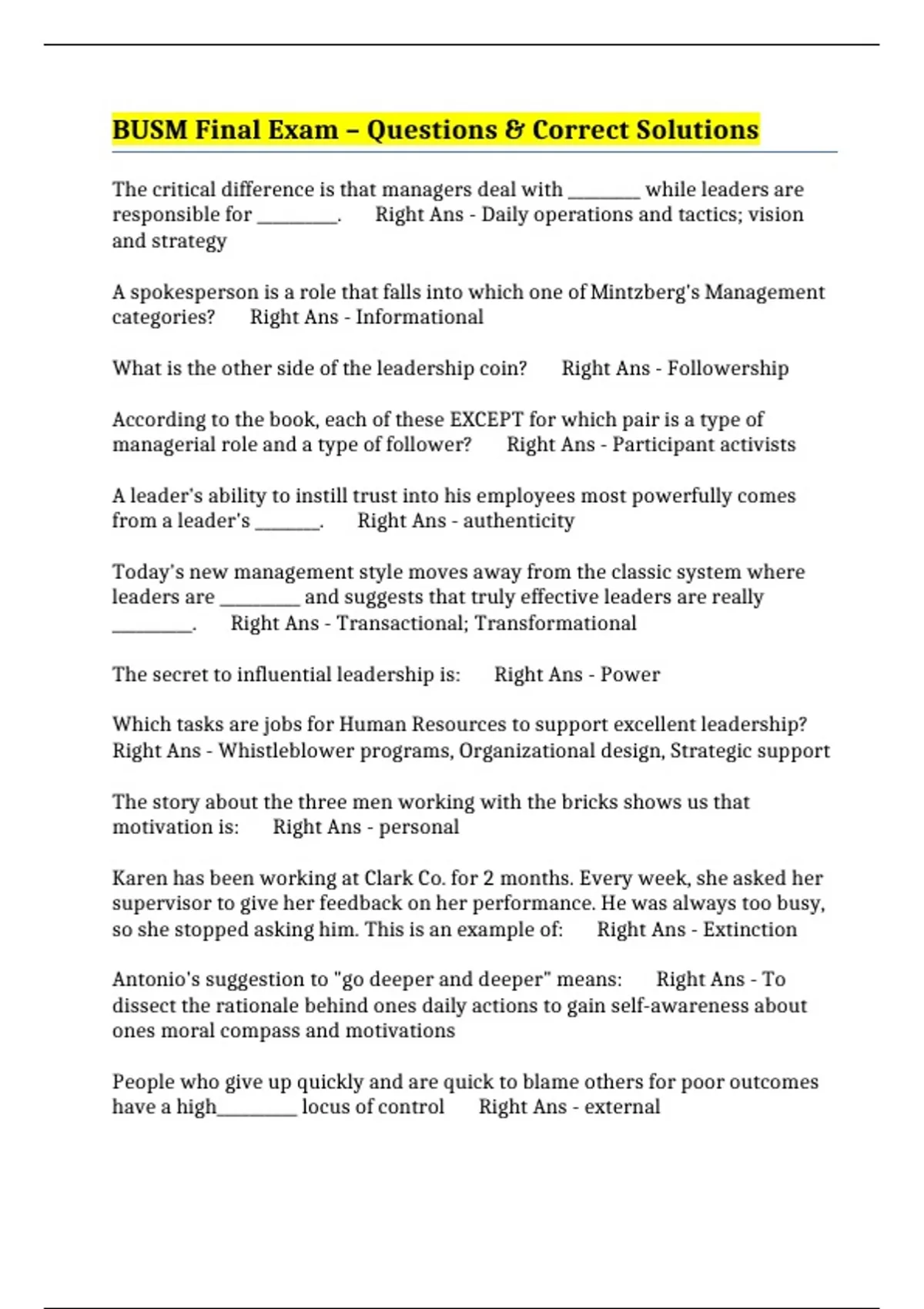 BUSM Final Exam – Questions & Correct Solutions - BUSM - Stuvia US
