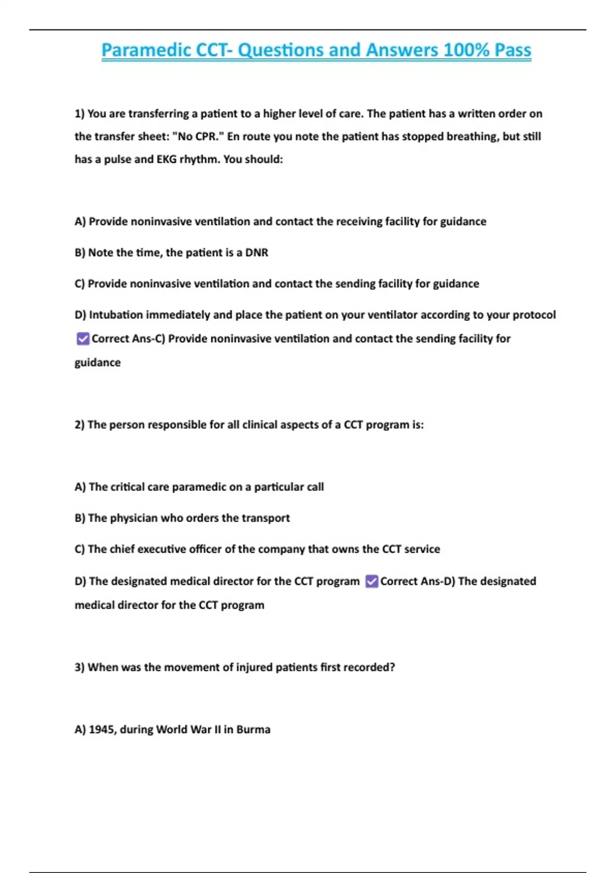 Paramedic CCT- Questions and Answers 100% Pass - CCT - Stuvia US