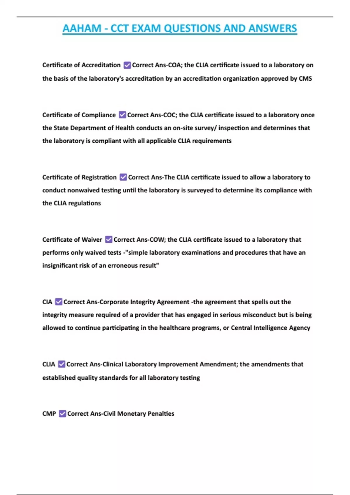AAHAM - CCT EXAM QUESTIONS AND ANSWERS - CCT - Stuvia US