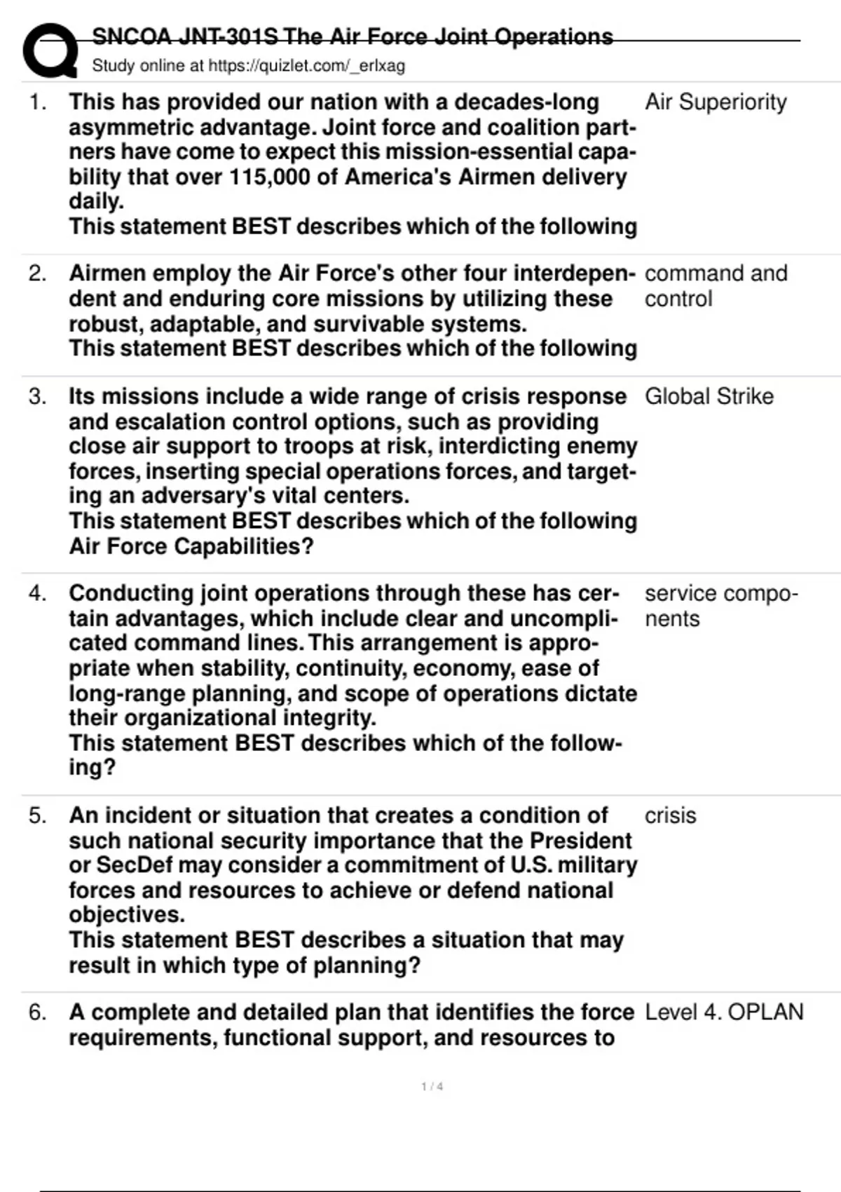 SNCOA JNT-301S THE AIR FORCE JOINT OPERATIONS (Q & A) GRADED A+ - SNCOA ...