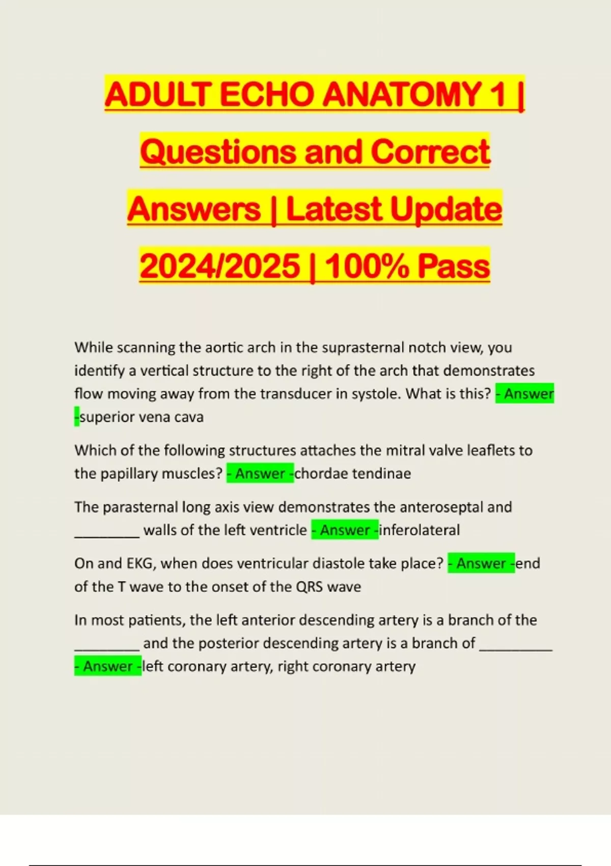 ADULT ECHO ANATOMY 1 | Questions and Correct Answers | Latest Update ...