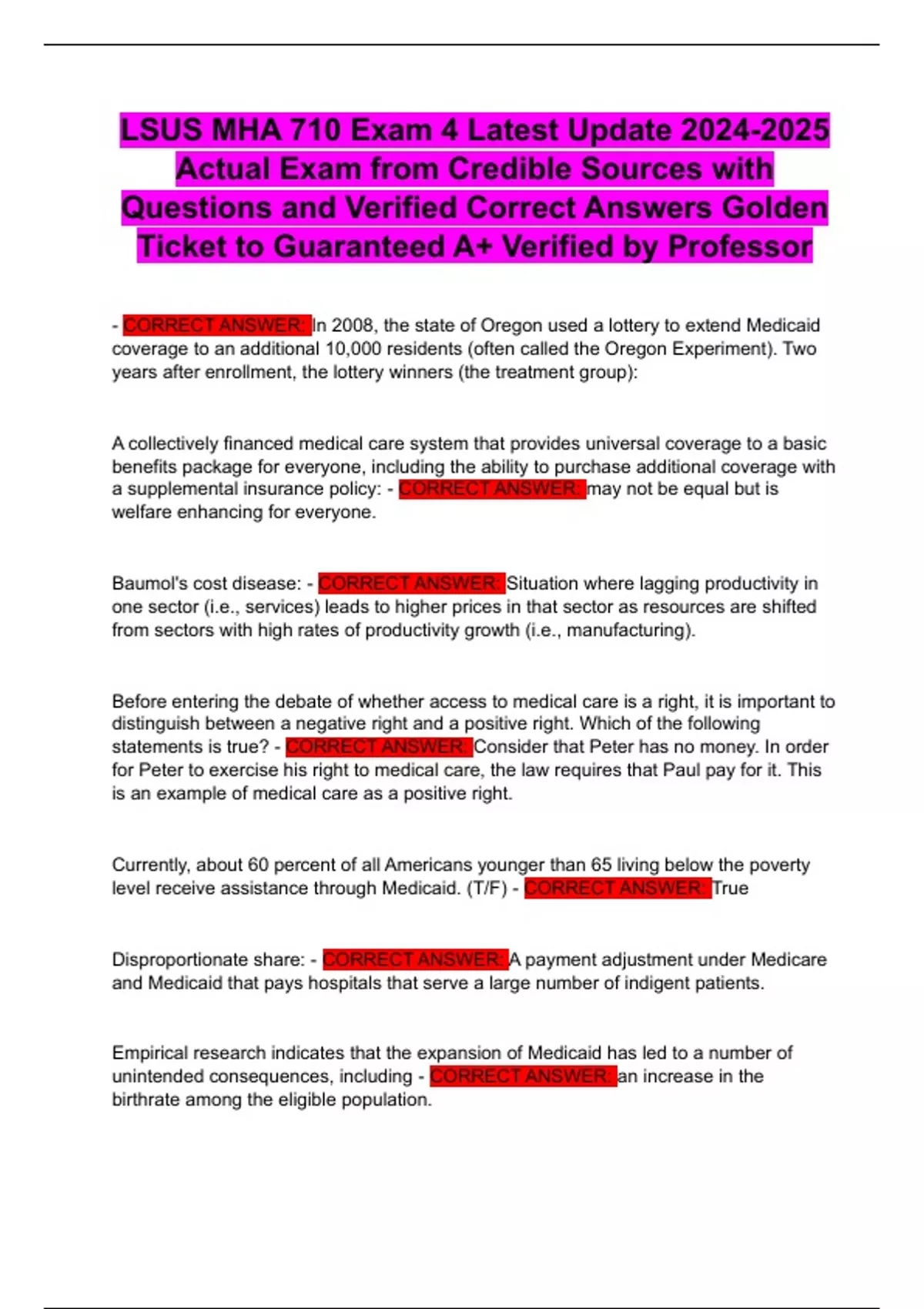 LSUS MHA 710 Exam 4 Latest Update Actual Exam from Credible Sources ...