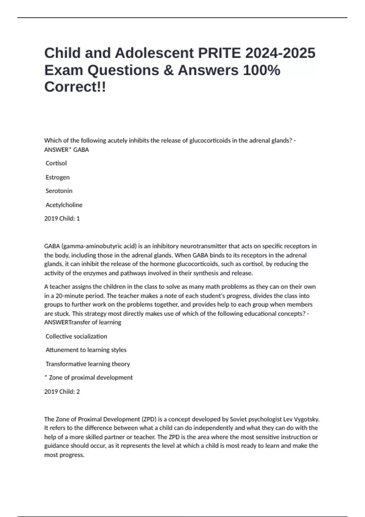 Child and Adolescent PRITE Exam Questions & Answers 100% Correct ...