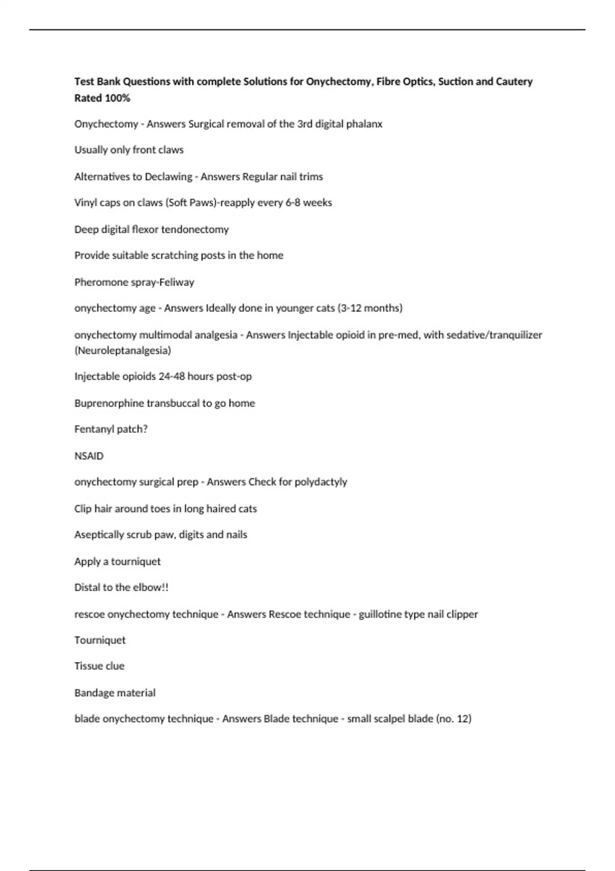 Test Bank Questions with complete Solutions for Onychectomy, Fibre ...