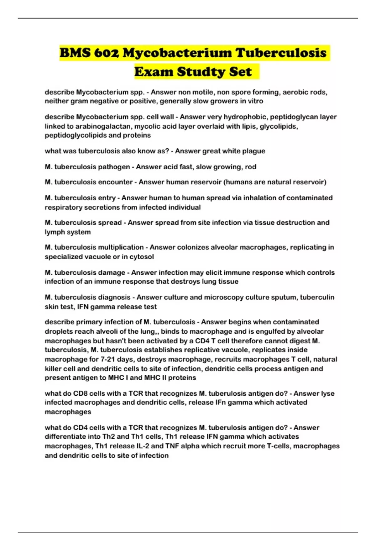 BMS 602 Mycobacterium Tuberculosis Exam Studty Set - BMS 602 - Stuvia US
