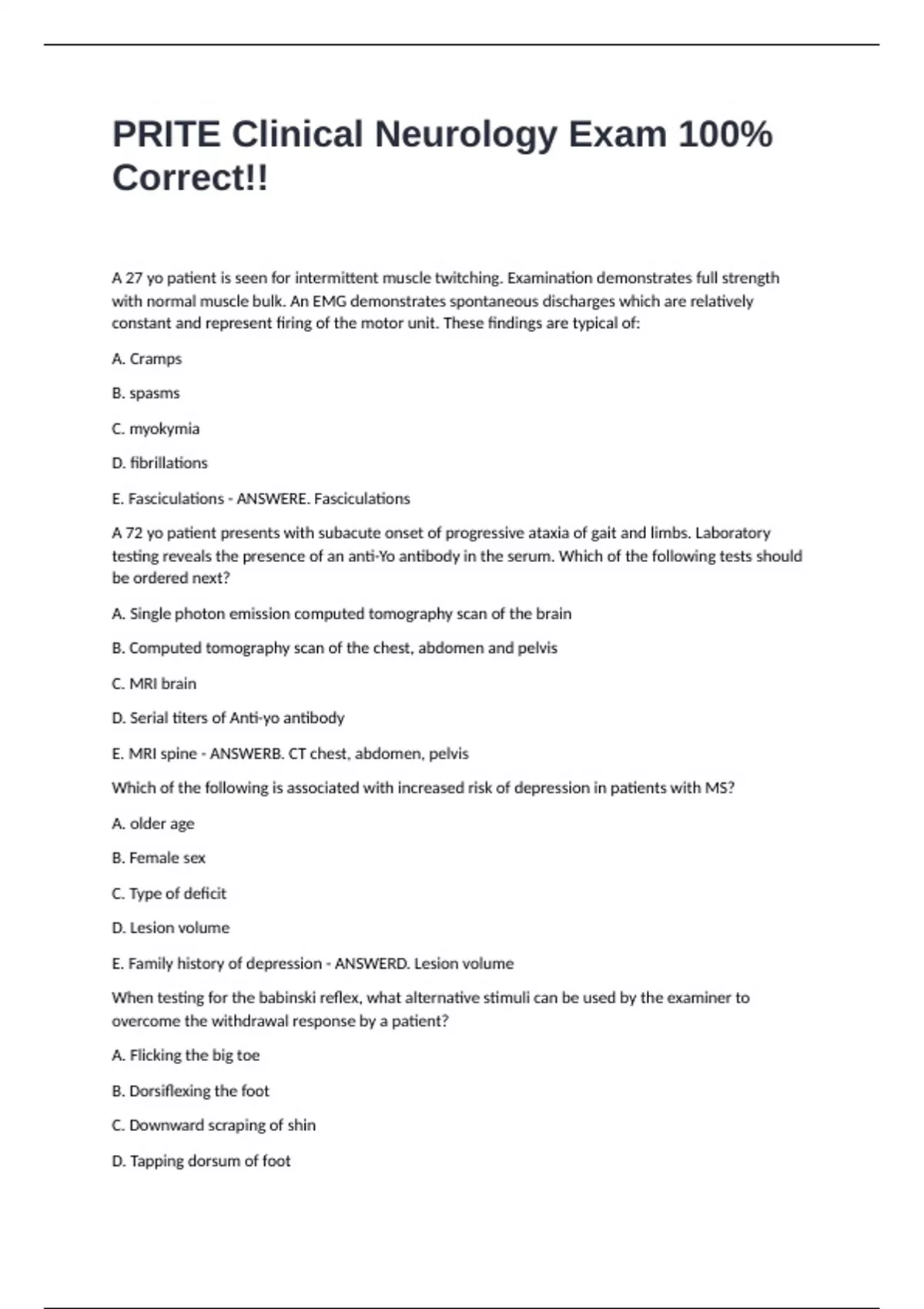 PRITE Clinical Neurology Exam 100% Correct!! - PRITE Clinical Neurology ...