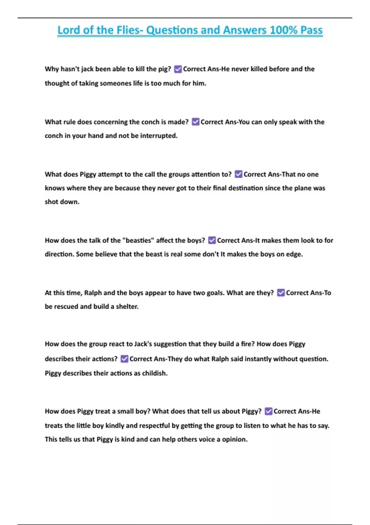 Lord of the Flies- Questions and Answers 100% Pass - English Lord of ...