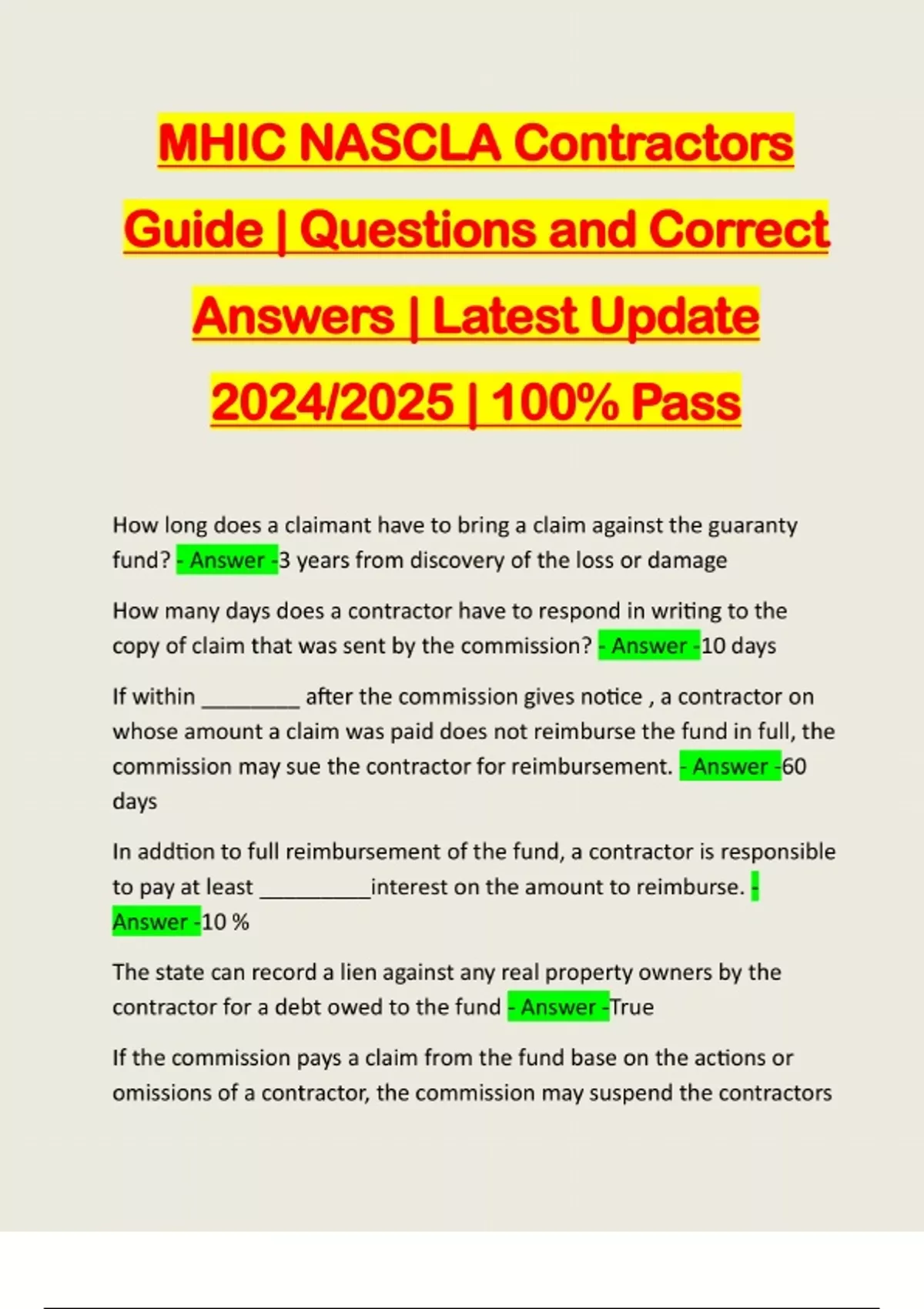 MHIC NASCLA Contractors Guide | Questions and Correct Answers | Latest ...