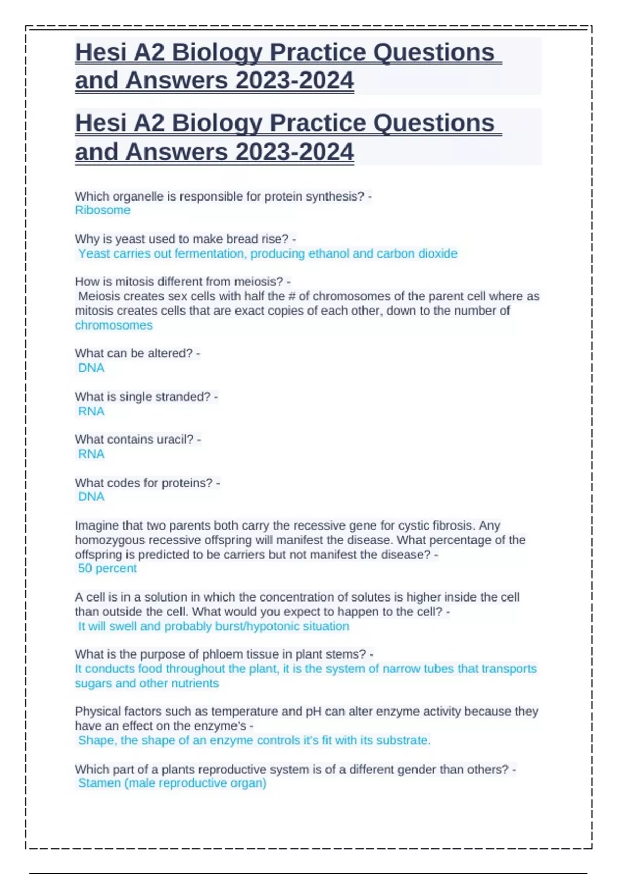 Hesi A2 Biology Practice Questions and Answers Already Graded A+.docx ...