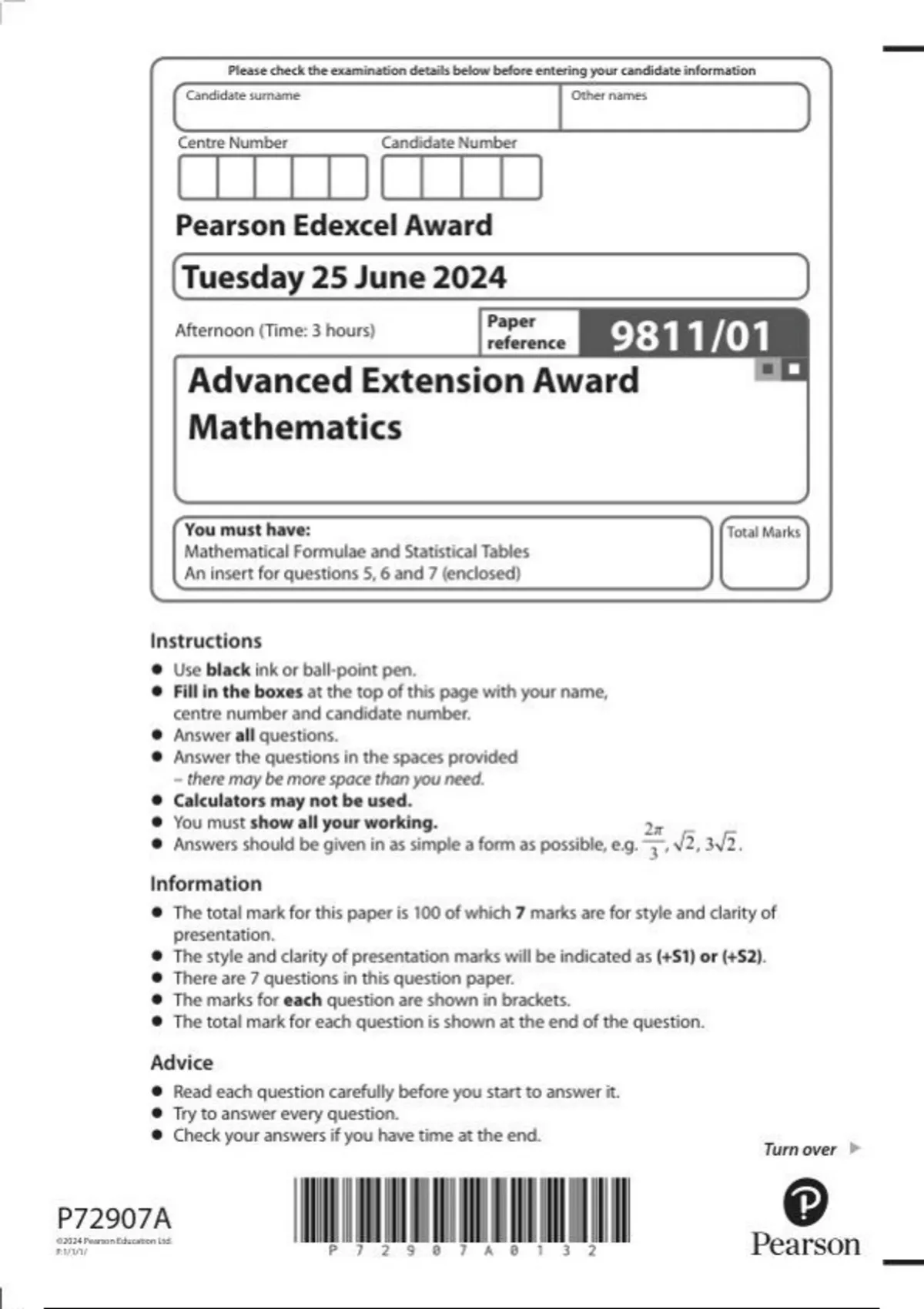 Pearson Edexcel Award 9811/01 Advanced Extension Award Mathematics June ...