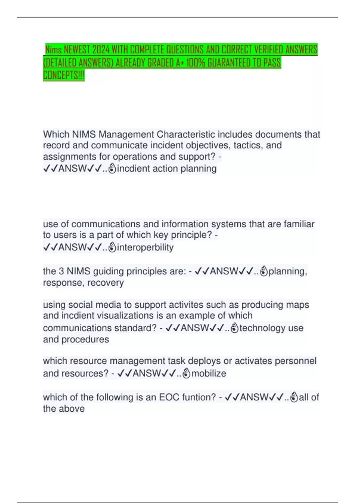 Nims NEWEST 2024 WITH COMPLETE QUESTIONS AND CORRECT VERIFIED ANSWERS ...