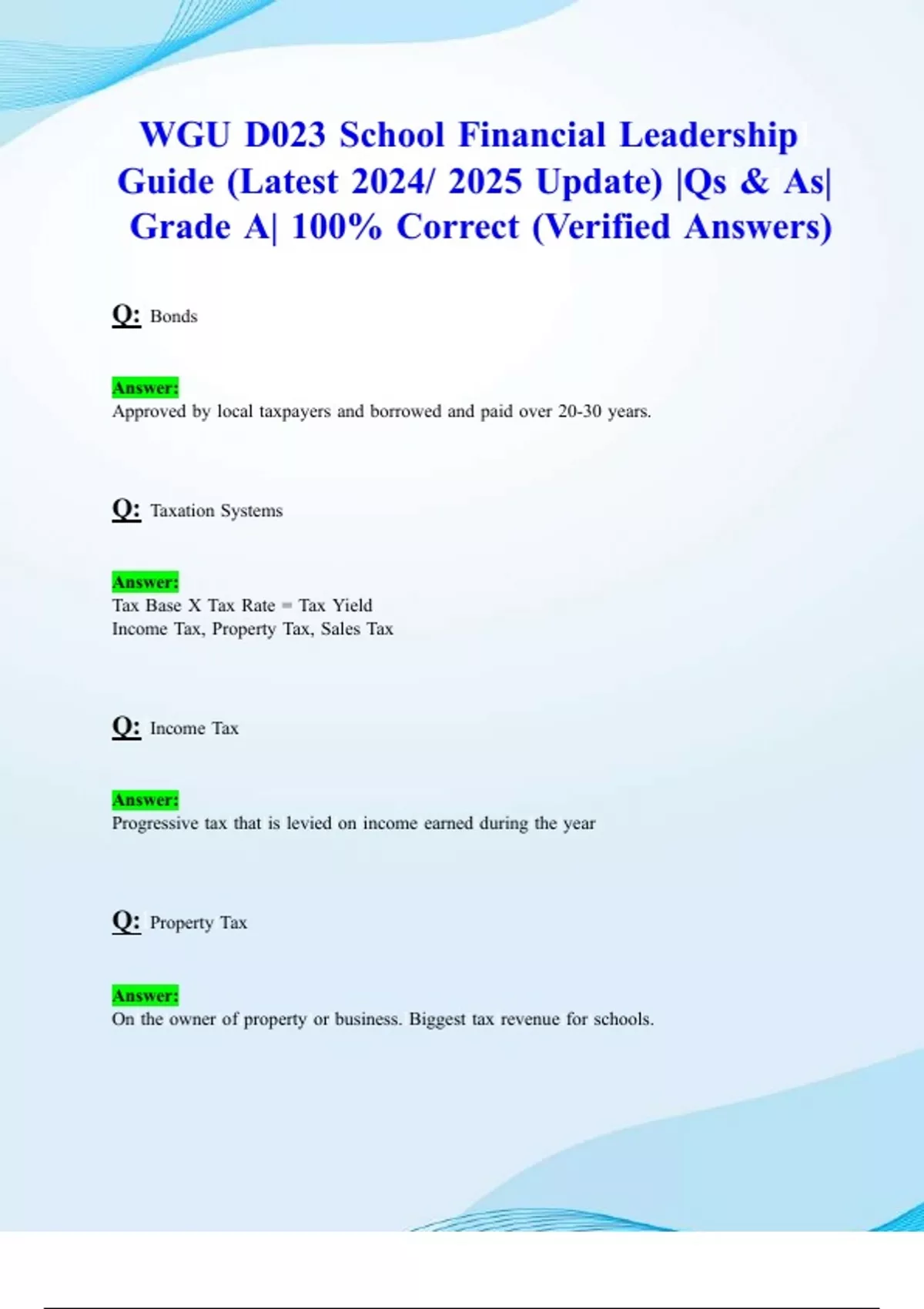 WGU D023 School Financial Leadership Guide (Latest 2024/ 2025 Update ...