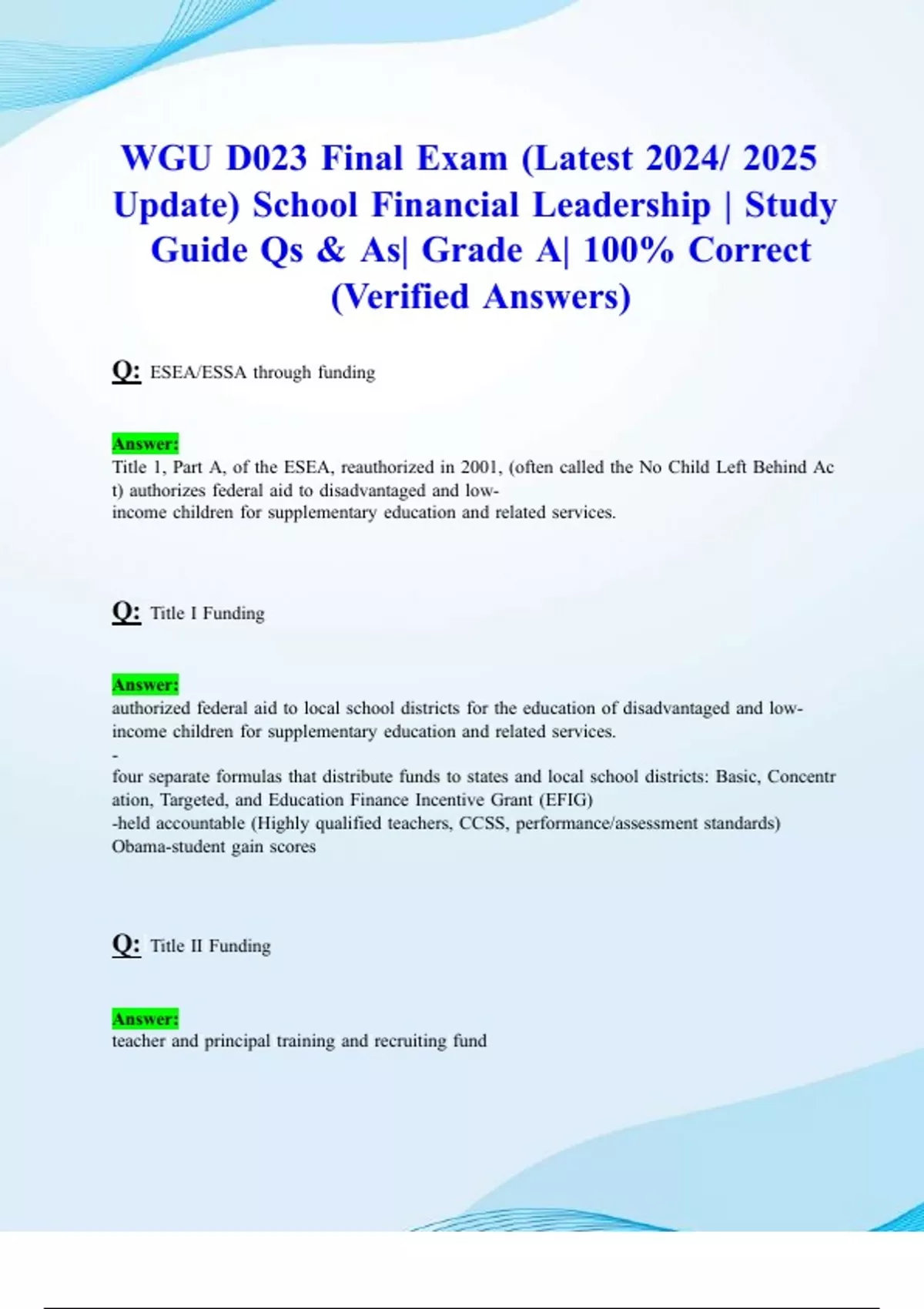 WGU D023 Final Exam (Latest 2024/ 2025 Update) School Financial ...