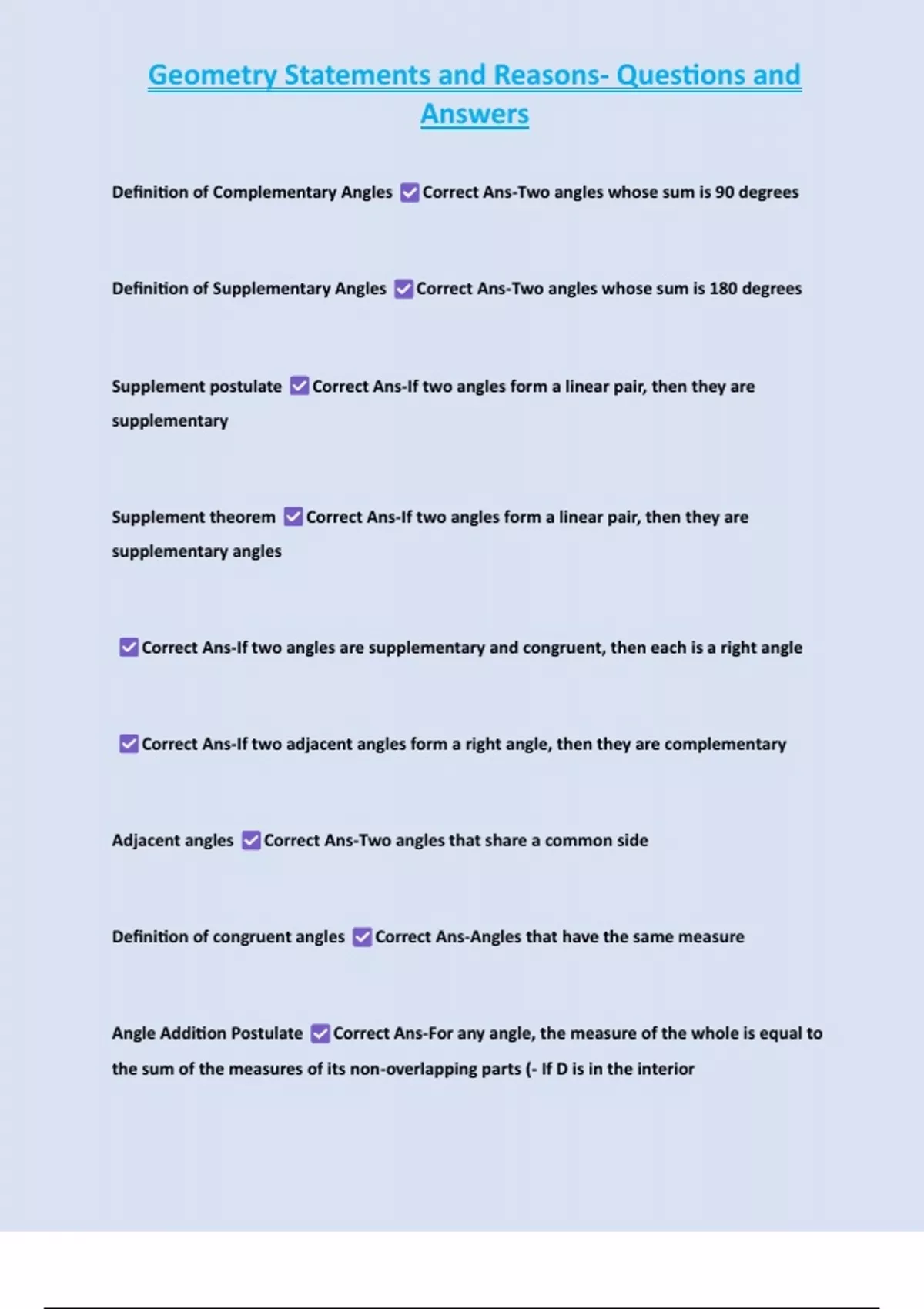 Geometry Statements and Reasons- Questions and Answers - Geometry ...