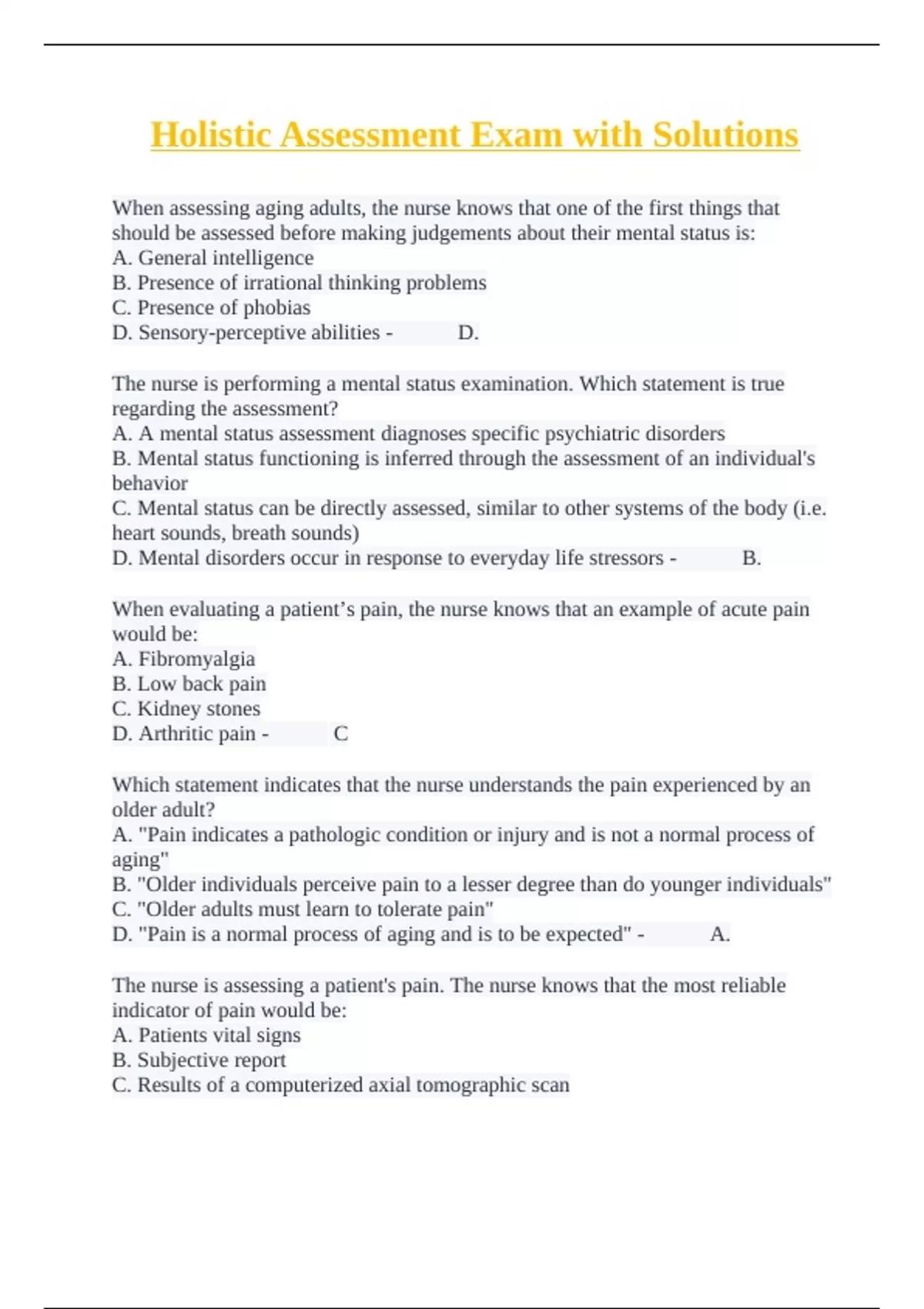 Holistic Assessment Exam with Solutions - Holistic Health - Stuvia US