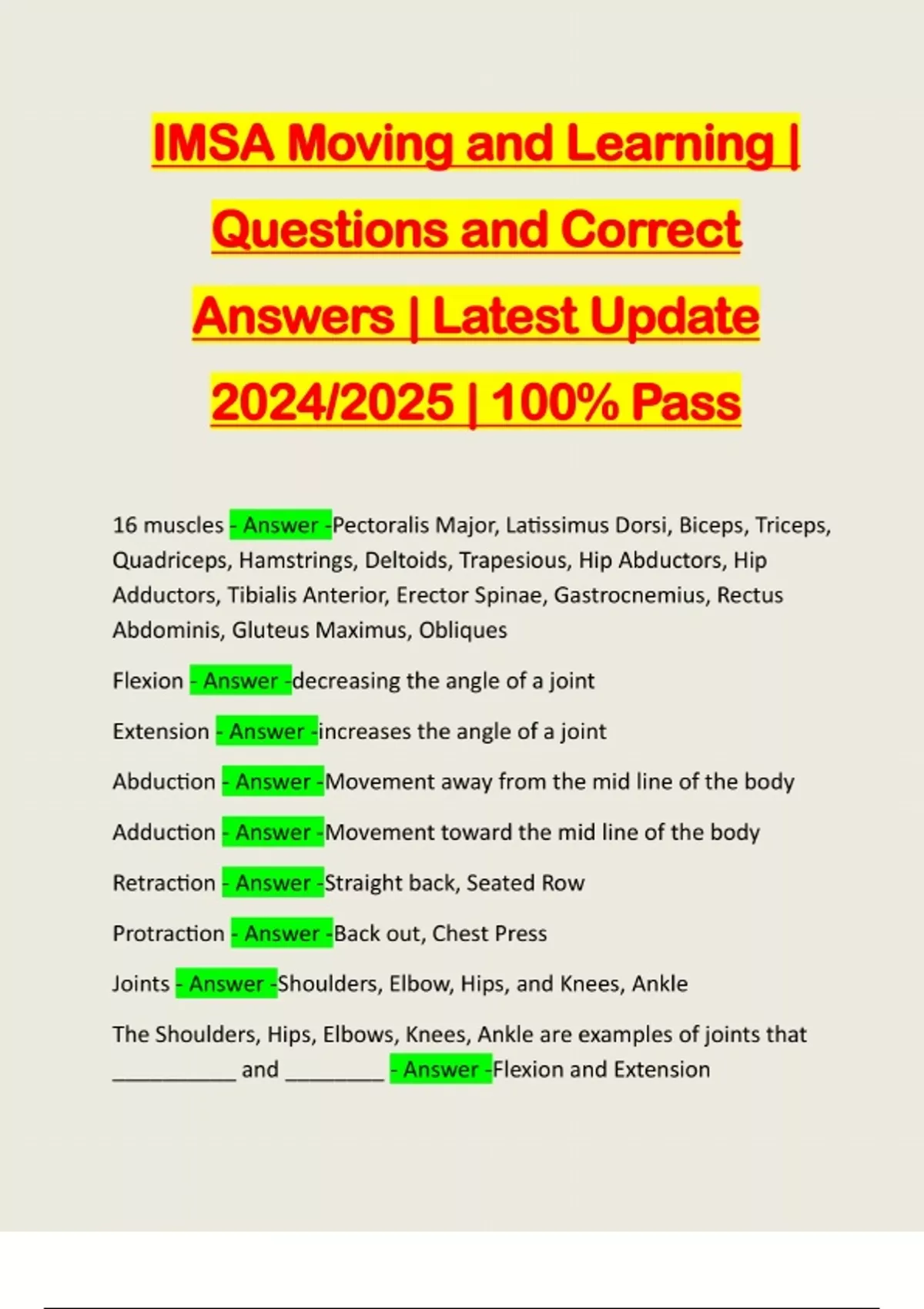 IMSA Moving and Learning | Questions and Correct Answers | Latest ...