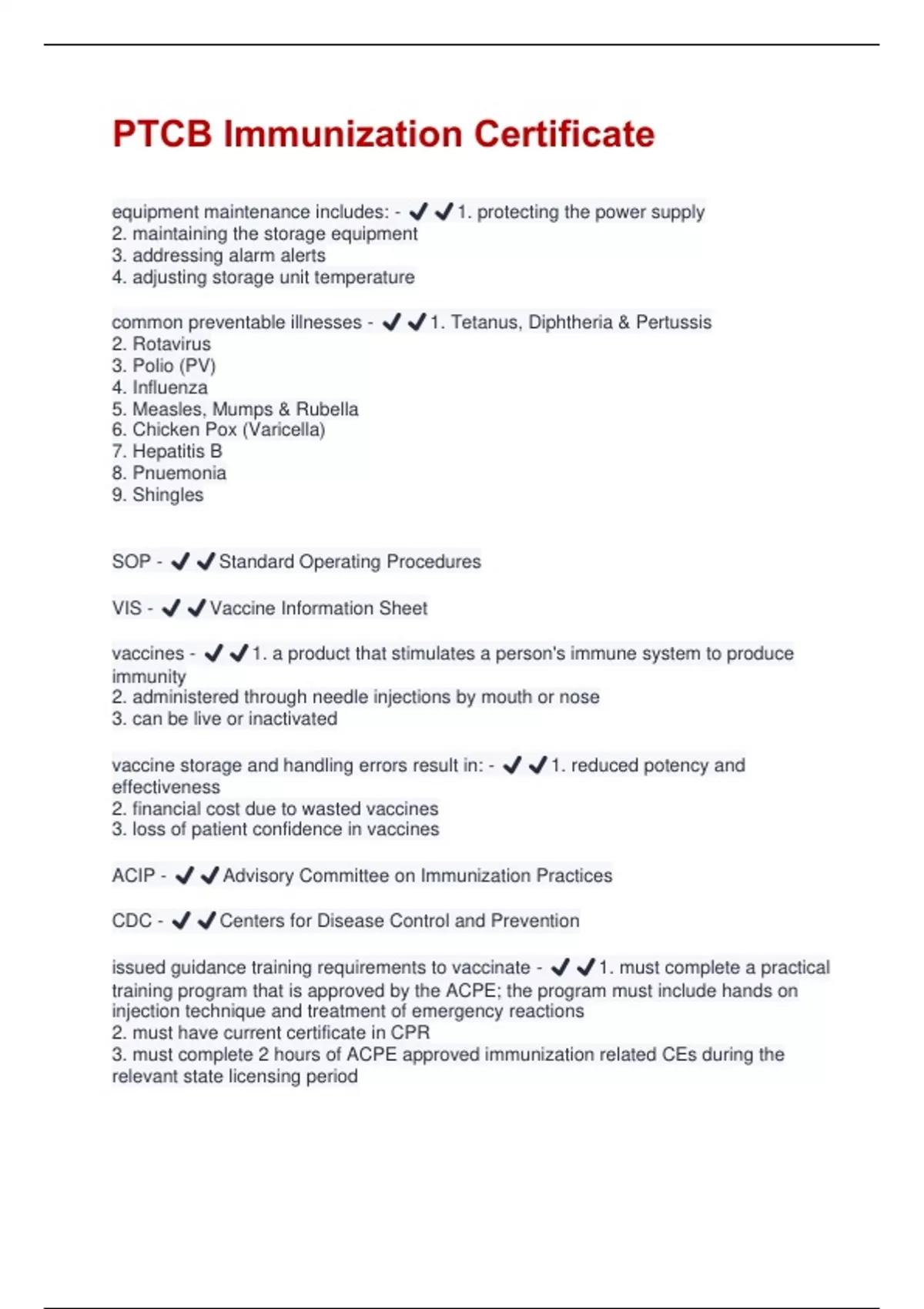 PTCB Immunization Certificate Questions and Answers New (2024/2025) Solved 100% Correct - PTCB ...