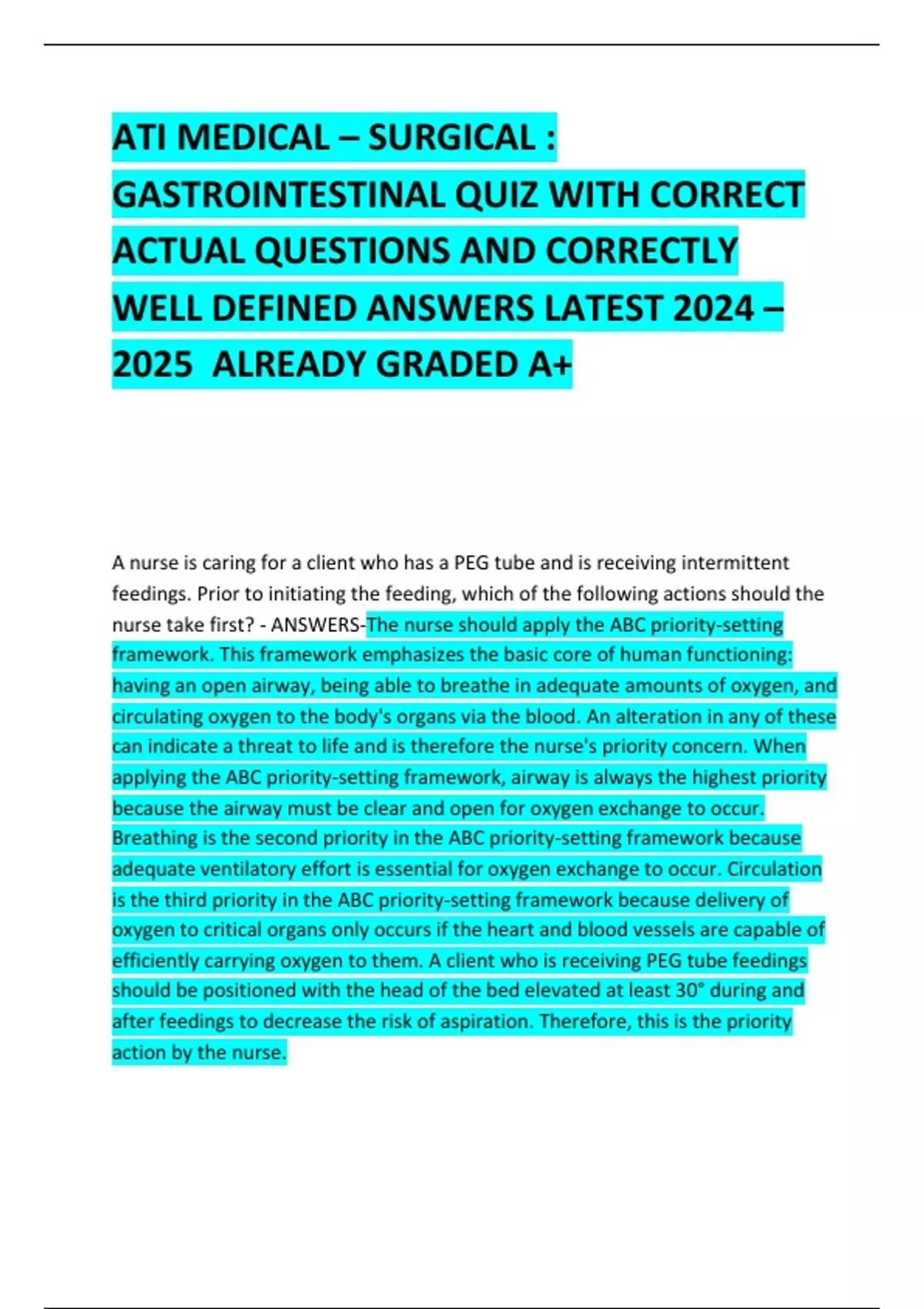 ATI MEDICAL – SURGICAL : GASTROINTESTINAL QUIZ WITH CORRECT ACTUAL ...