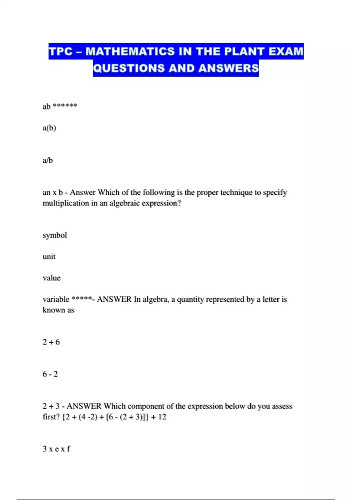 TPC – MATHEMATICS IN THE PLANT EXAM QUESTIONS AND ANSWERS - TPC ...