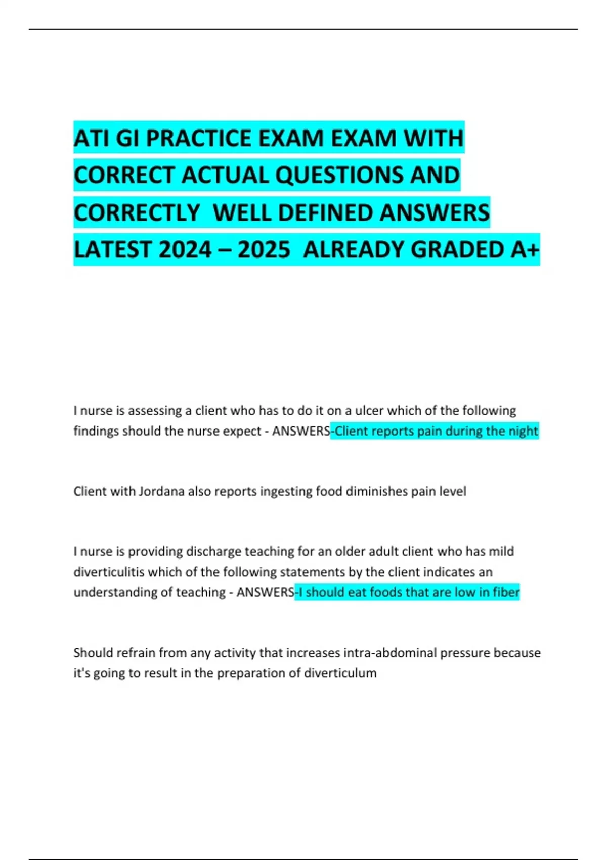 ATI GI PRACTICE EXAM EXAM WITH CORRECT ACTUAL QUESTIONS AND CORRECTLY ...