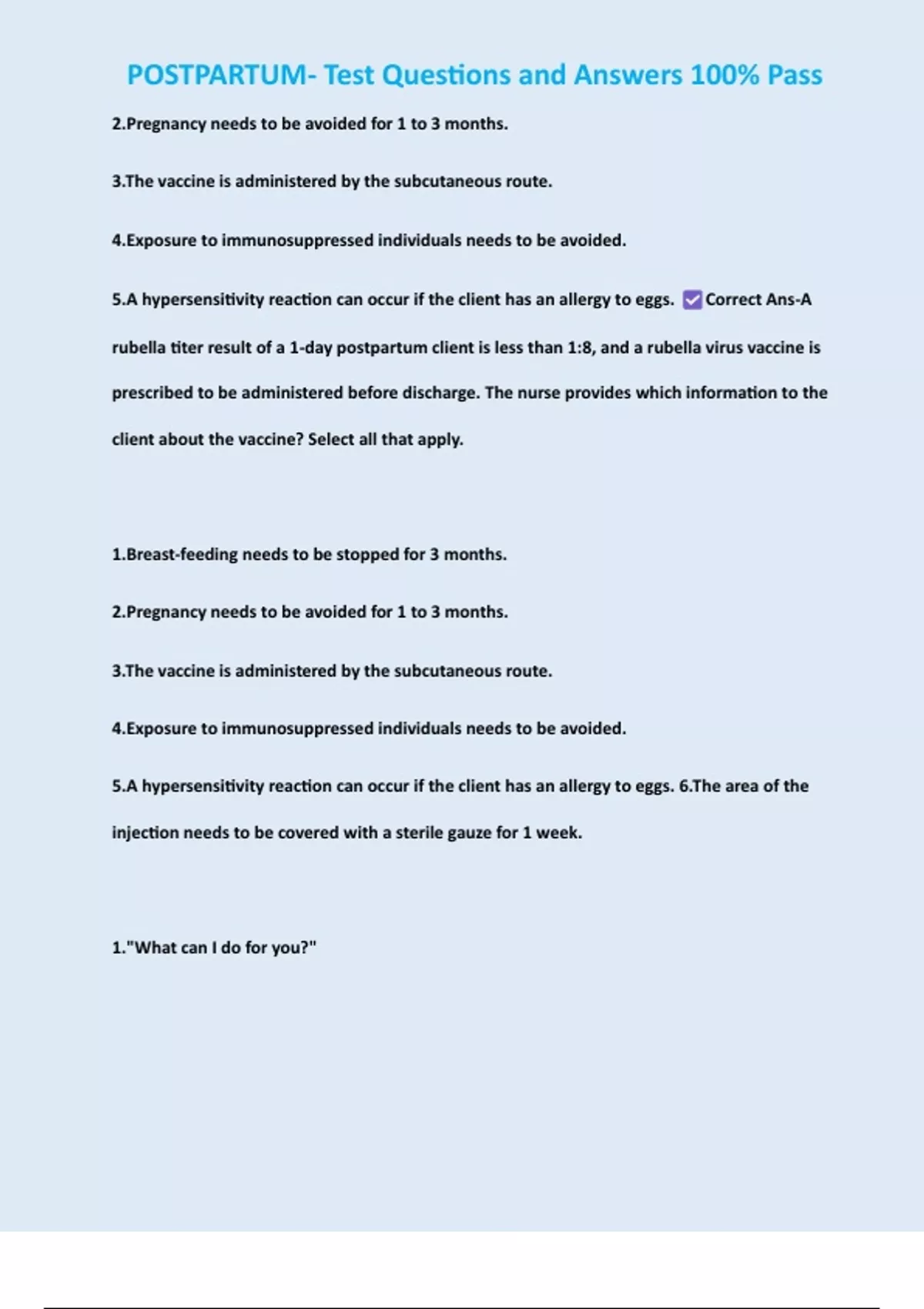 POSTPARTUM- Test Questions and Answers 100% Pass - Postpartum - Stuvia US