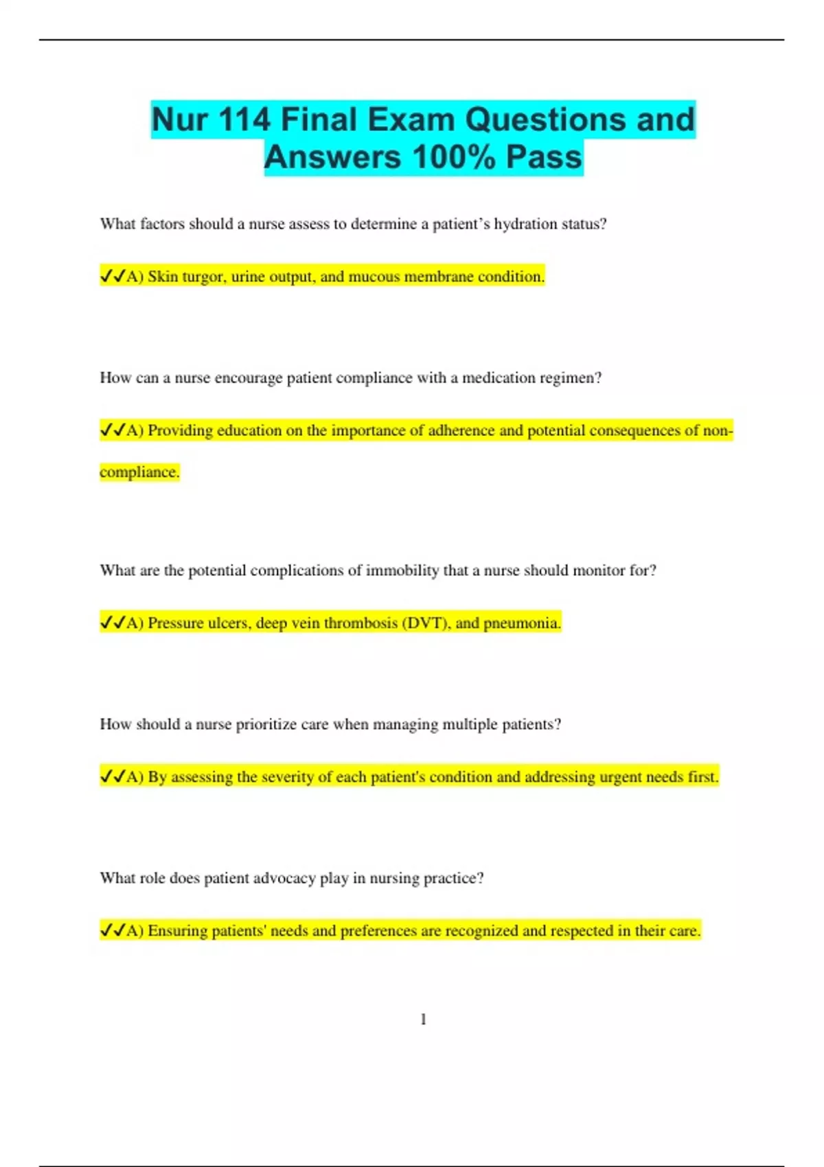 Nur 114 Final Exam Questions and Answers 100% Pass - Nur 114 - Stuvia US