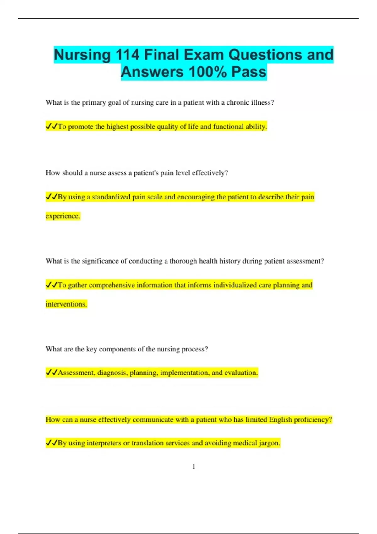 Nursing 114 Final Exam Questions and Answers 100% Pass - Nursing 114 ...