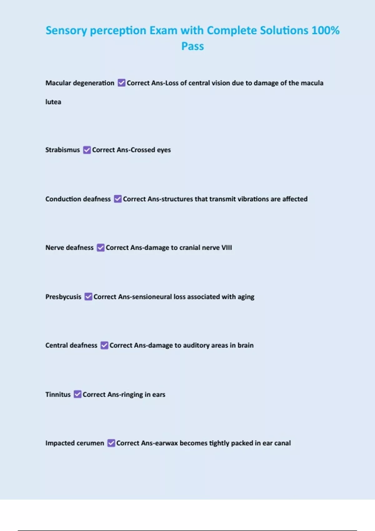 Sensory perception Exam with Complete Solutions 100% Pass - Sensory ...