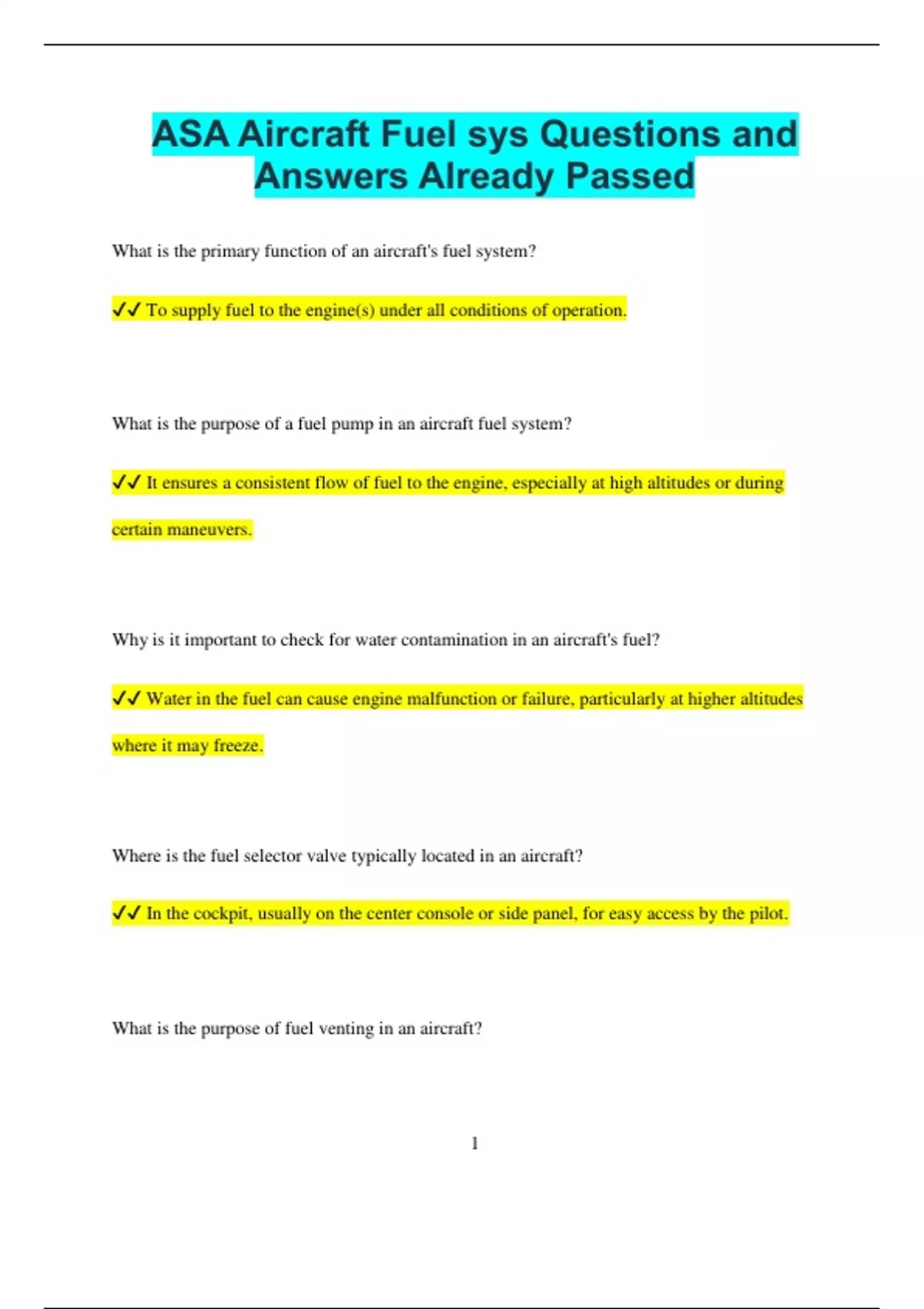 ASA Aircraft Fuel sys Questions and Answers Already Passed - ASA ...