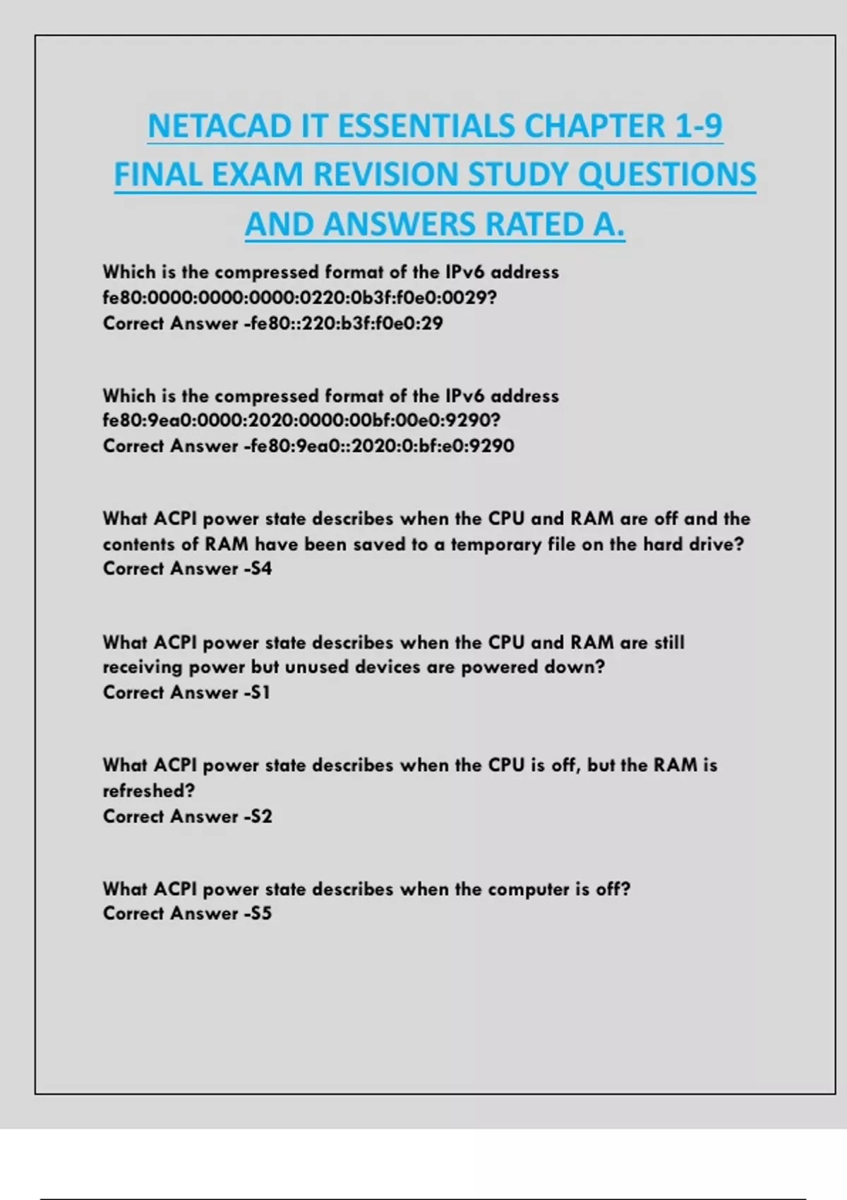 NETACAD IT ESSENTIALS CHAPTER 1-9 FINAL EXAM REVISION STUDY QUESTIONS AND ANSWERS RATED A ...