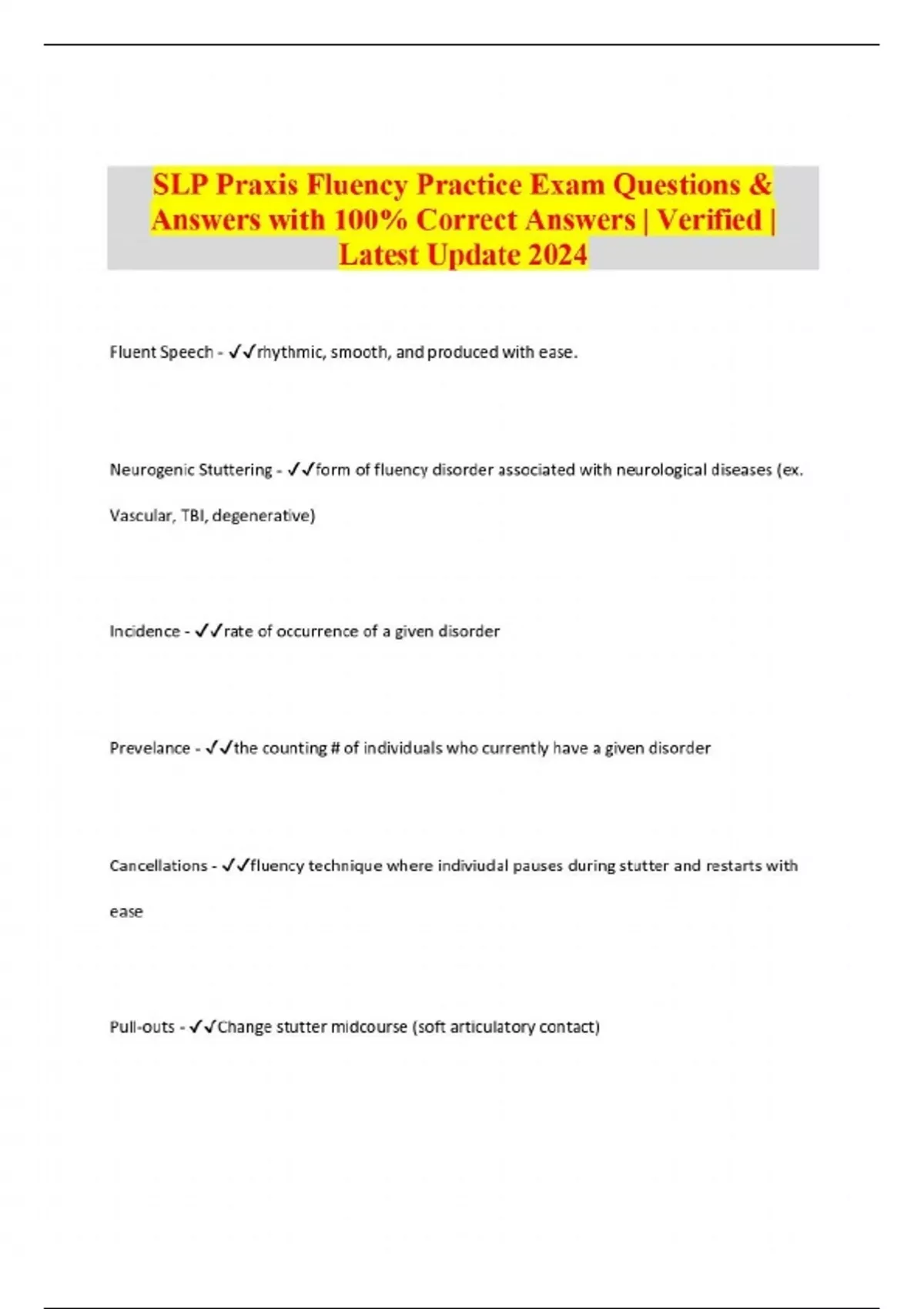 SLP Praxis Fluency Practice Exam Questions & Answers with 100% Correct ...