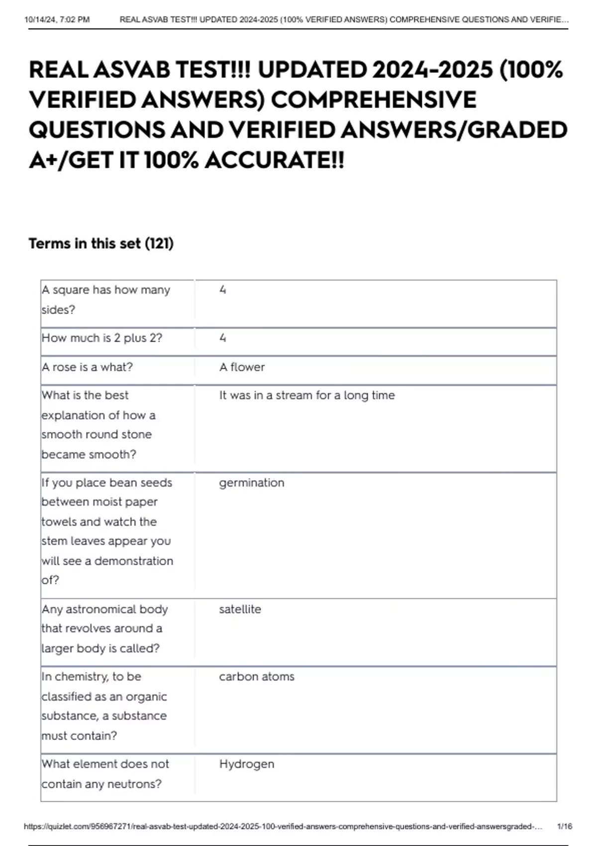 REAL ASVAB TEST!!! UPDATED (100% VERIFIED ANSWERS) COMPREHENSIVE ...