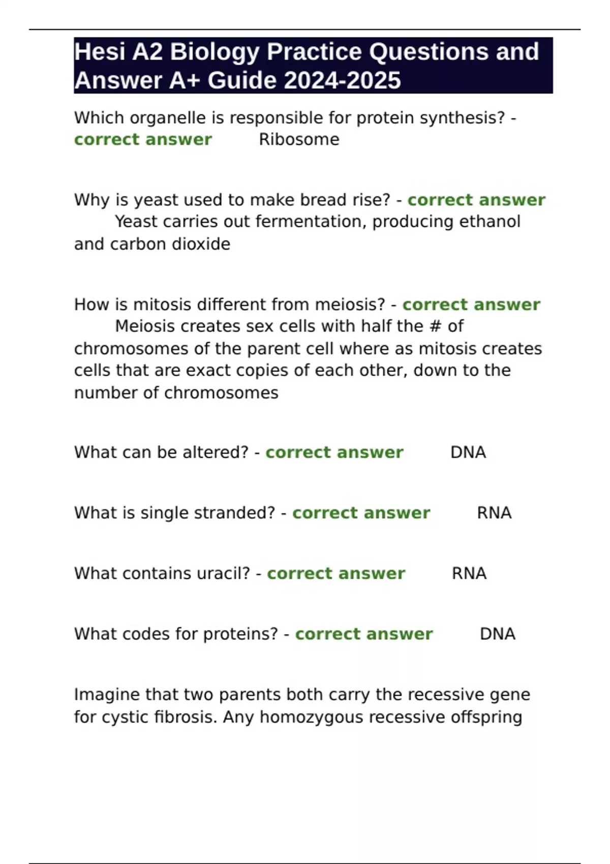 Hesi A2 Biology Practice Questions and Answer A+ Guide - Hesi A2 ...