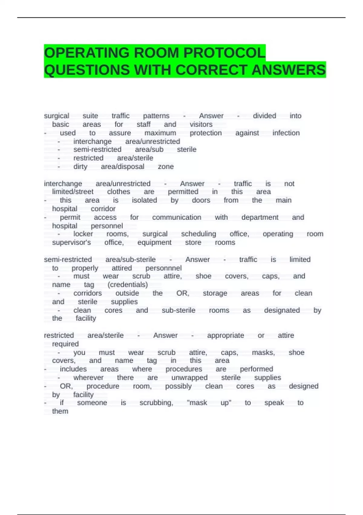 OPERATING ROOM PROTOCOL QUESTIONS WITH CORRECT ANSWERS. - NPTE FF ...