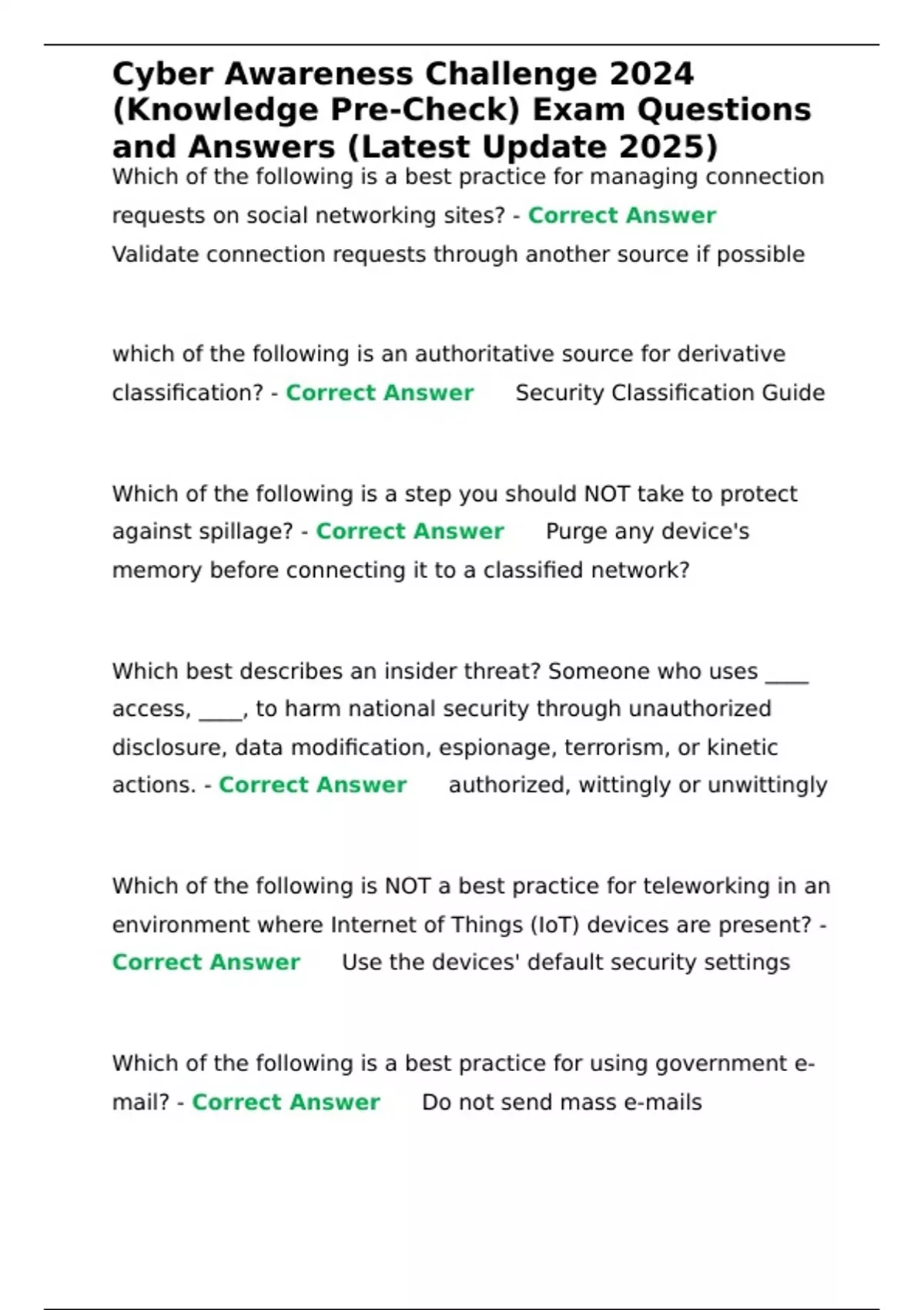 Cyber Awareness Challenge 2024 (Knowledge Pre-Check) Exam Questions and ...