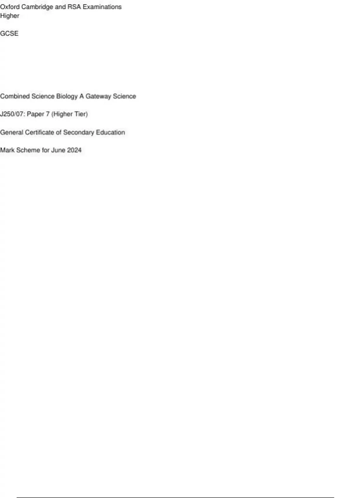 OCR GCSE Higher Combined Science Biology A Gateway Science J250/07 ...