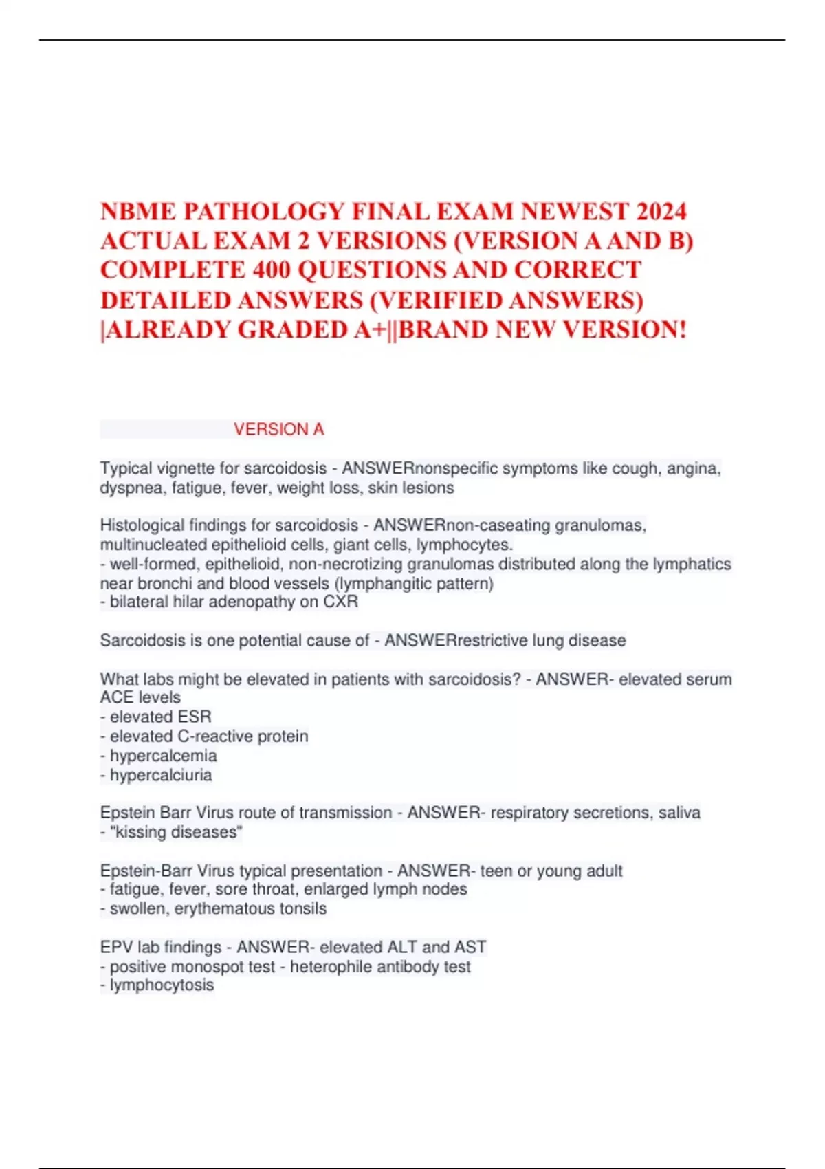 NBME PATHOLOGY FINAL EXAM NEWEST 2024 ACTUAL EXAM 2 VERSIONS (VERSION A AND B) COMPLETE 400 ...
