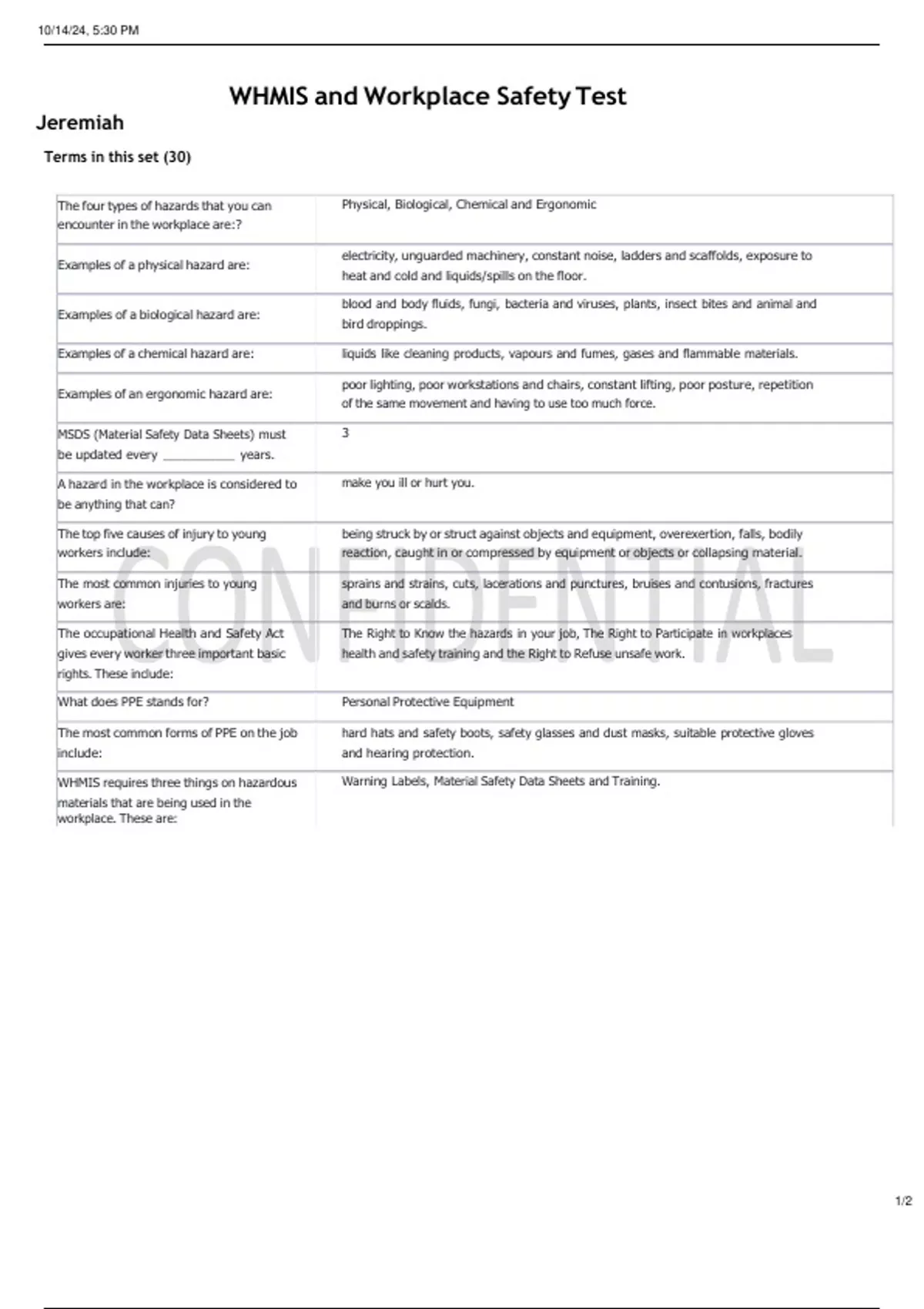 WHMIS and Workplace Safety Test with 100- sure answers - ABA ...