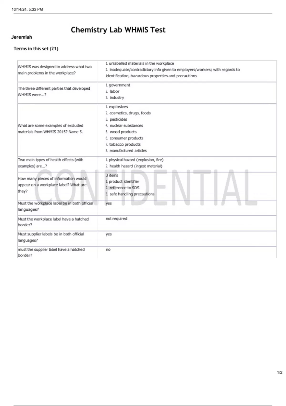 Chemistry Lab WHMIS Test Final Exam Questions With Complete Solutions ...