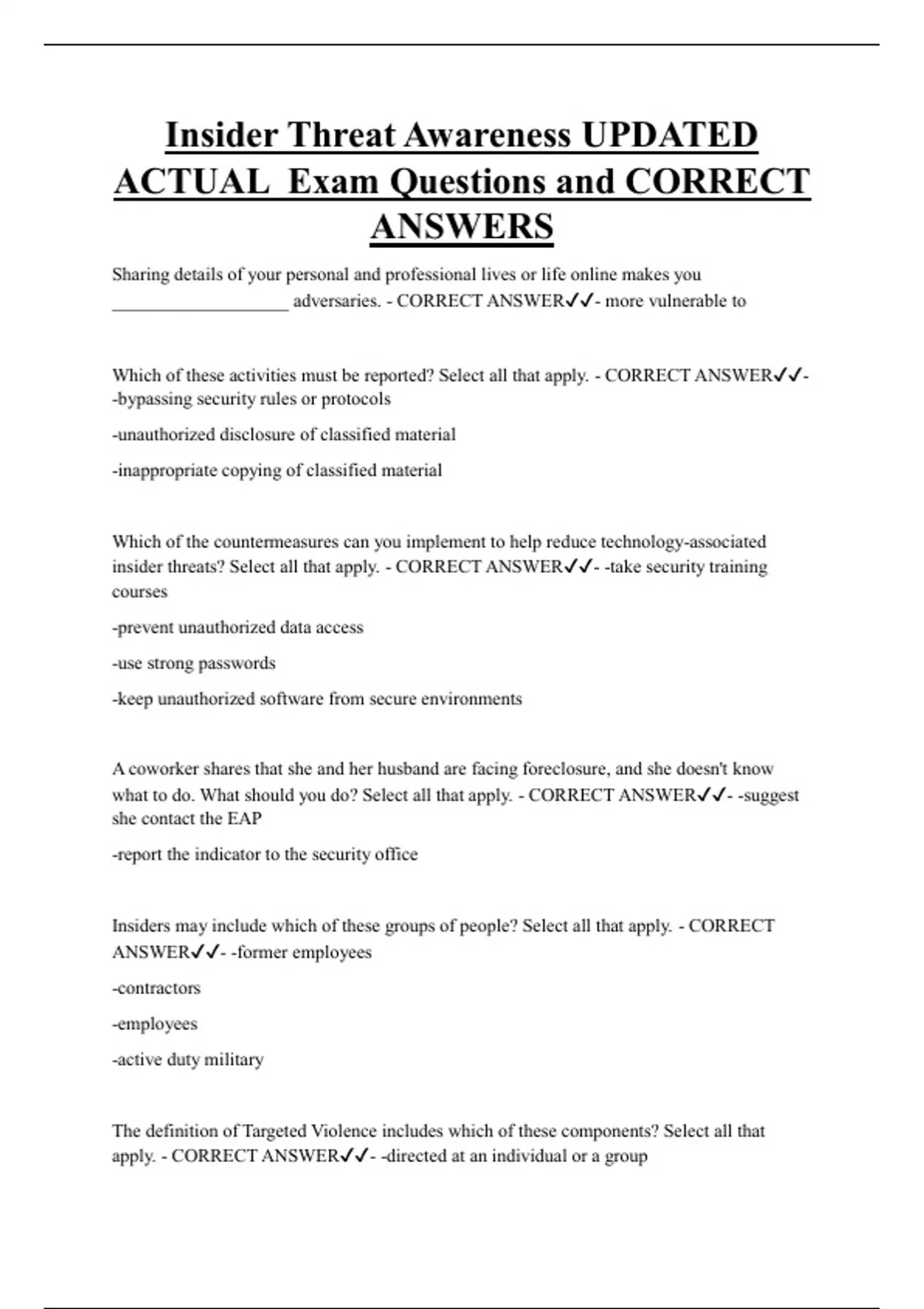 Insider Threat Awareness UPDATED ACTUAL Exam Questions and CORRECT ...