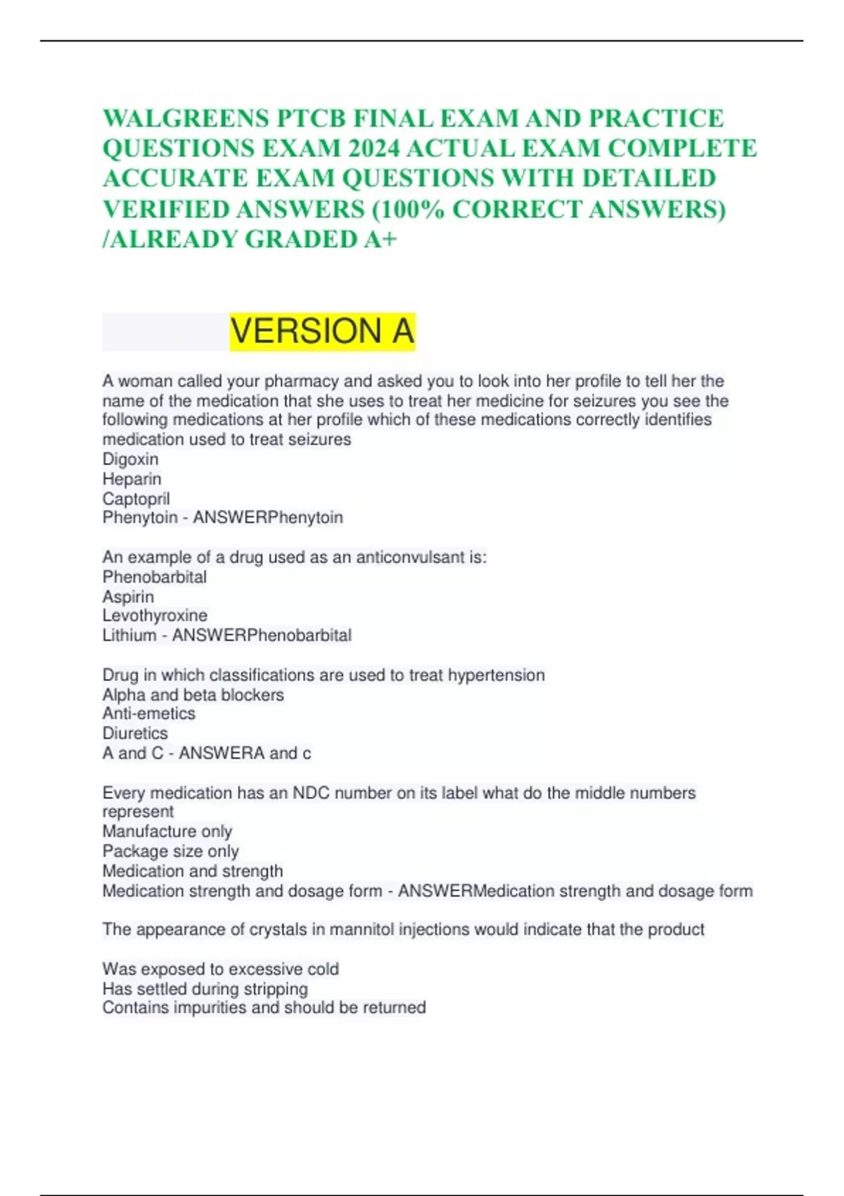 WALGREENS PTCB FINAL EXAM AND PRACTICE QUESTIONS EXAM 2024 ACTUAL EXAM ...