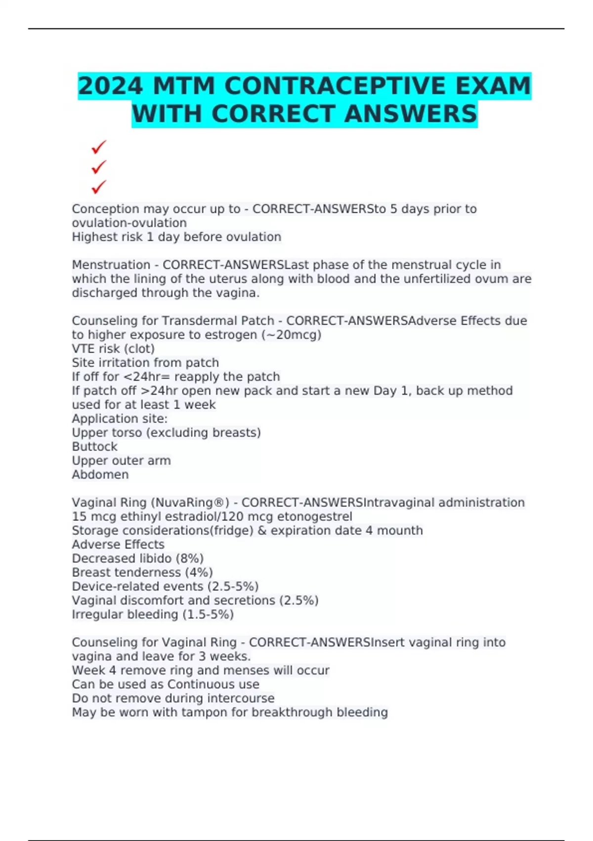 2024 MTM CONTRACEPTIVE EXAM WITH CORRECT ANSWERS - MTM CONTRACEPTIVE ...