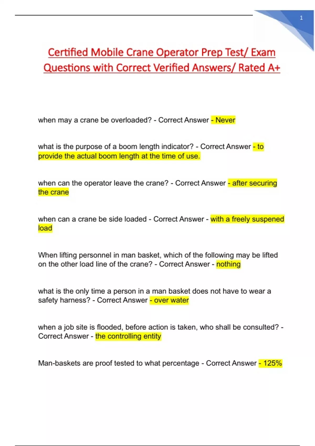 Certified Mobile Crane Operator Prep Test/ Exam Questions with Correct ...