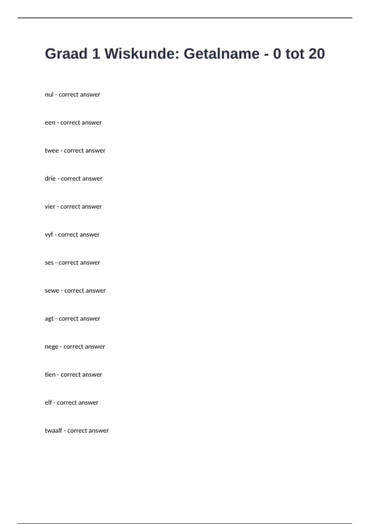 Graad 1 Wiskunde: Getalname - 0 tot 20 Questions And Answers 100% ...