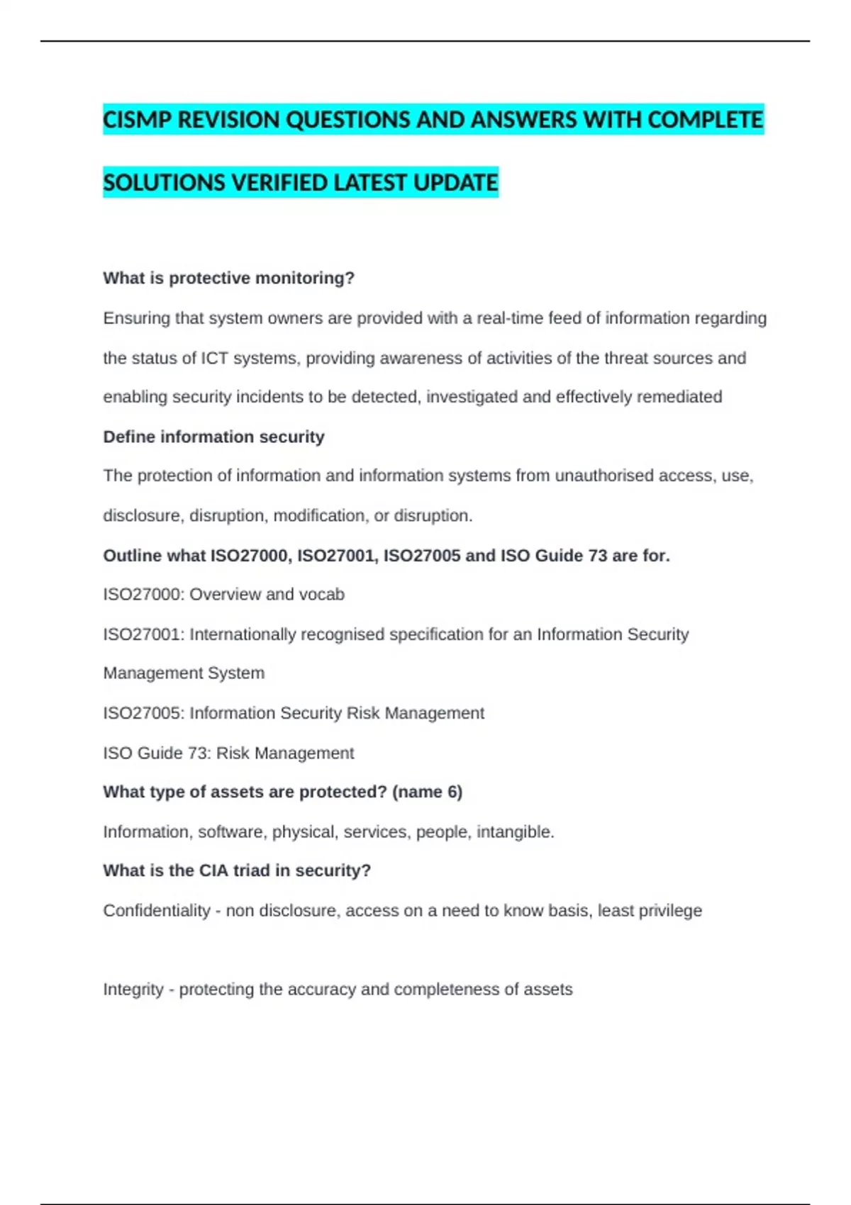 CISMP REVISION QUESTIONS AND ANSWERS WITH COMPLETE SOLUTIONS VERIFIED ...