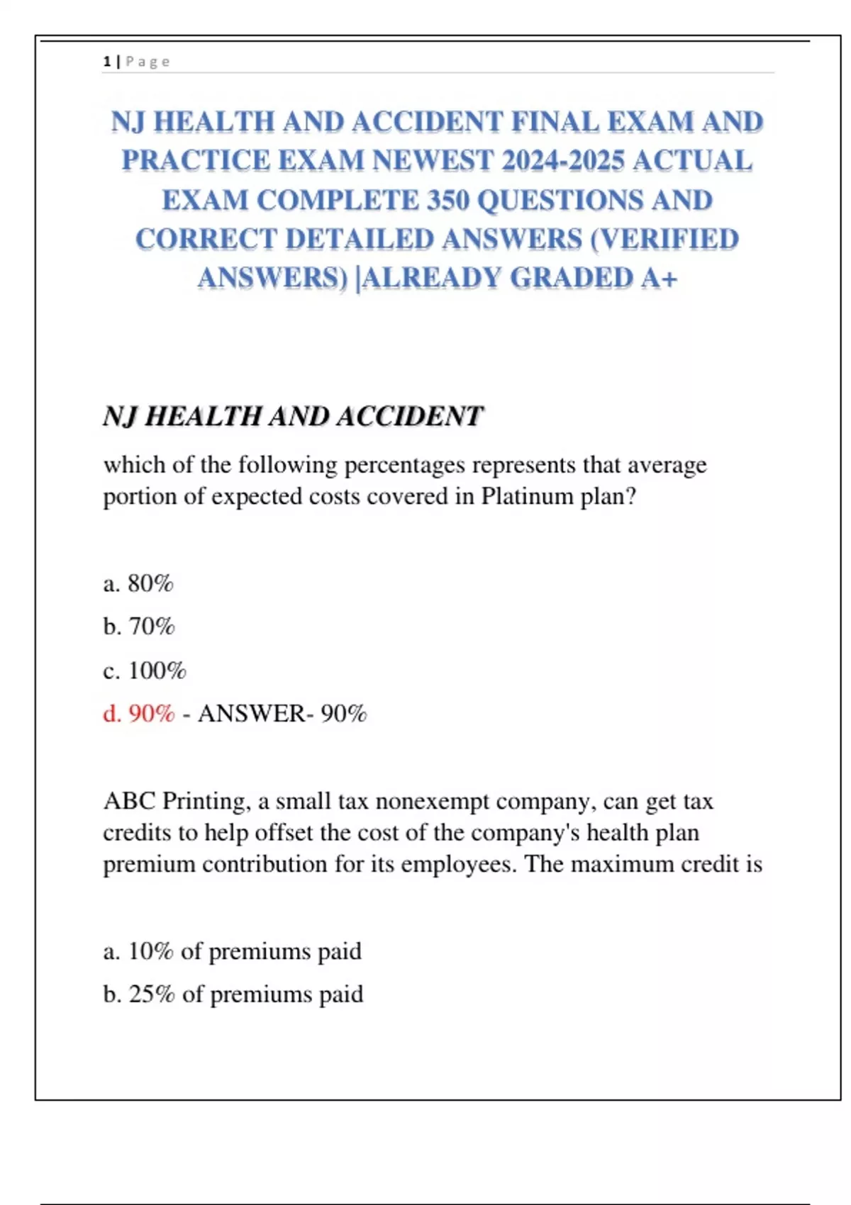 NJ HEALTH AND ACCIDENT FINAL EXAM AND PRACTICE EXAM NEWEST ACTUAL EXAM ...