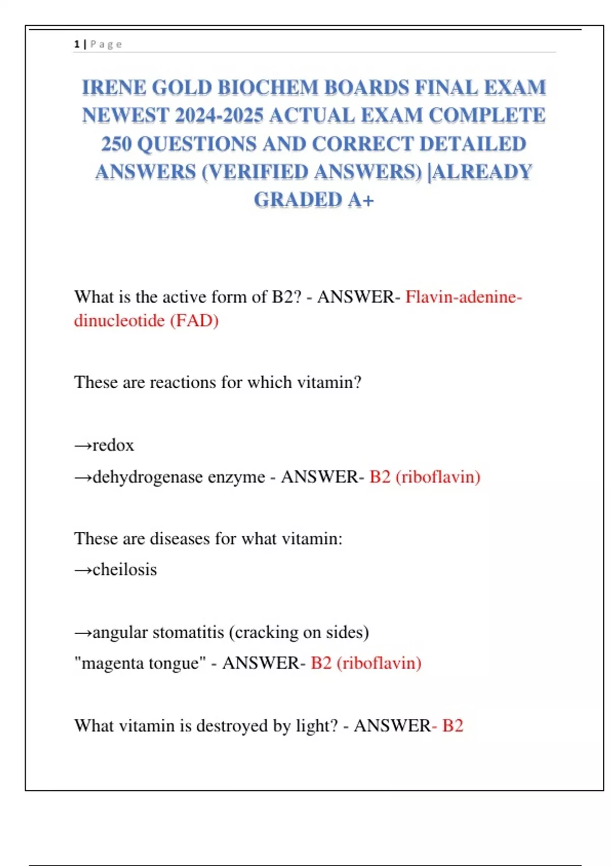 IRENE GOLD BIOCHEM BOARDS FINAL EXAM NEWEST ACTUAL EXAM COMPLETE 250 ...