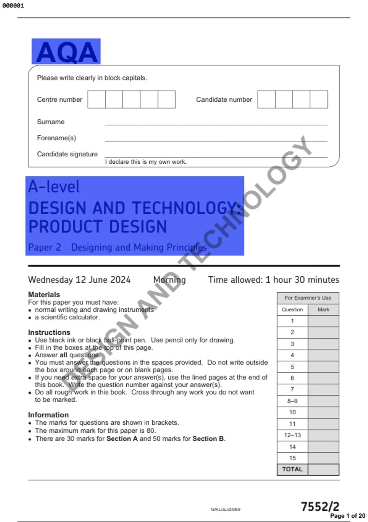 AQA-7552-2-DESIGN AND TECHNOLOGY QUESTION PAPER 2-A LEVEL-DESIGNING AND ...