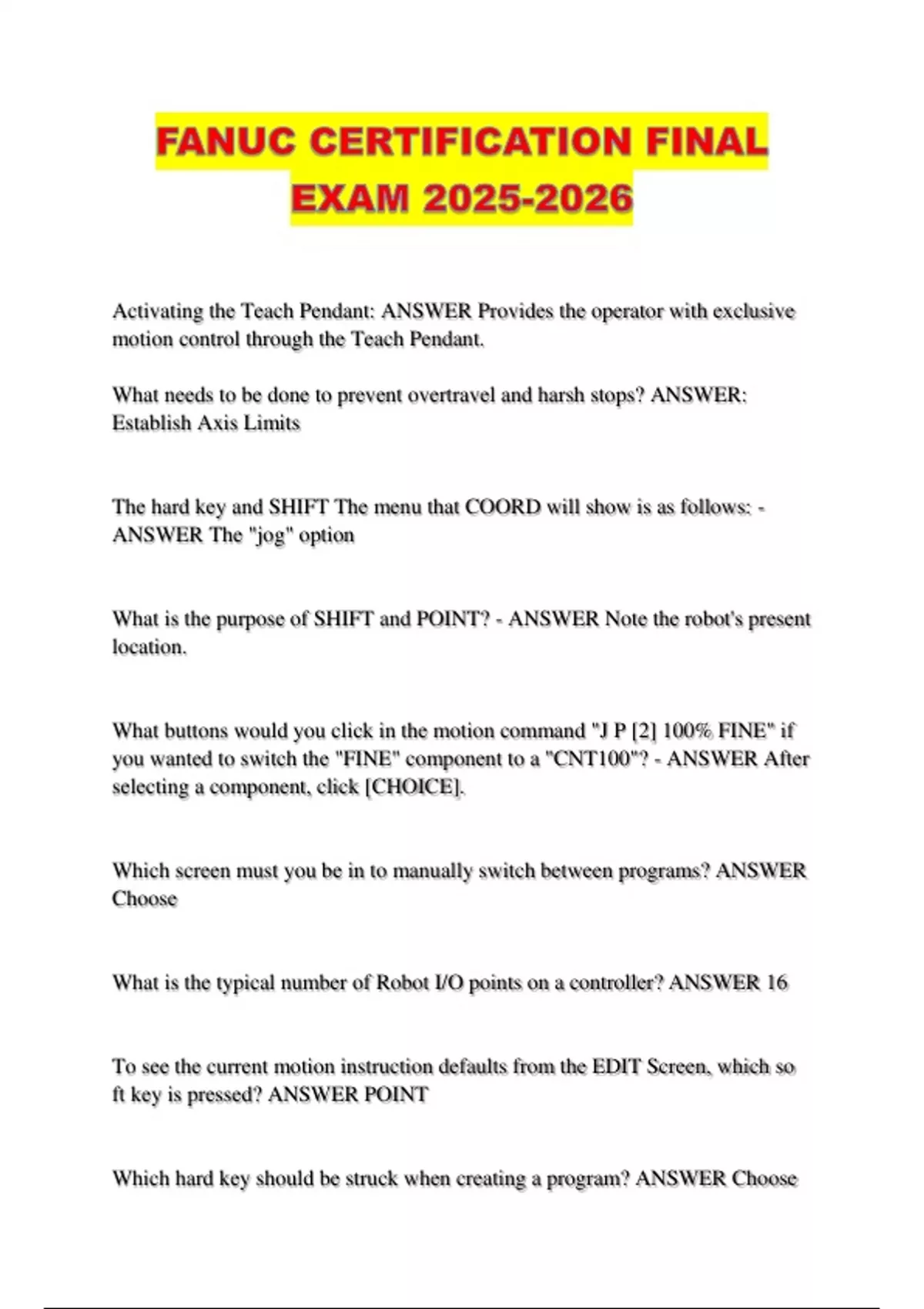 FANUC CERTIFICATION FINAL EXAM - FANUC CERTIFICATION - Stuvia US